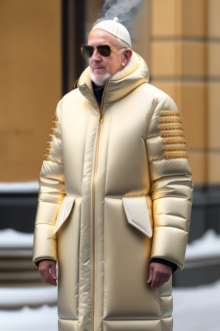 Lexica - The Pope wearing a full length white down shiny puffy jacket ...