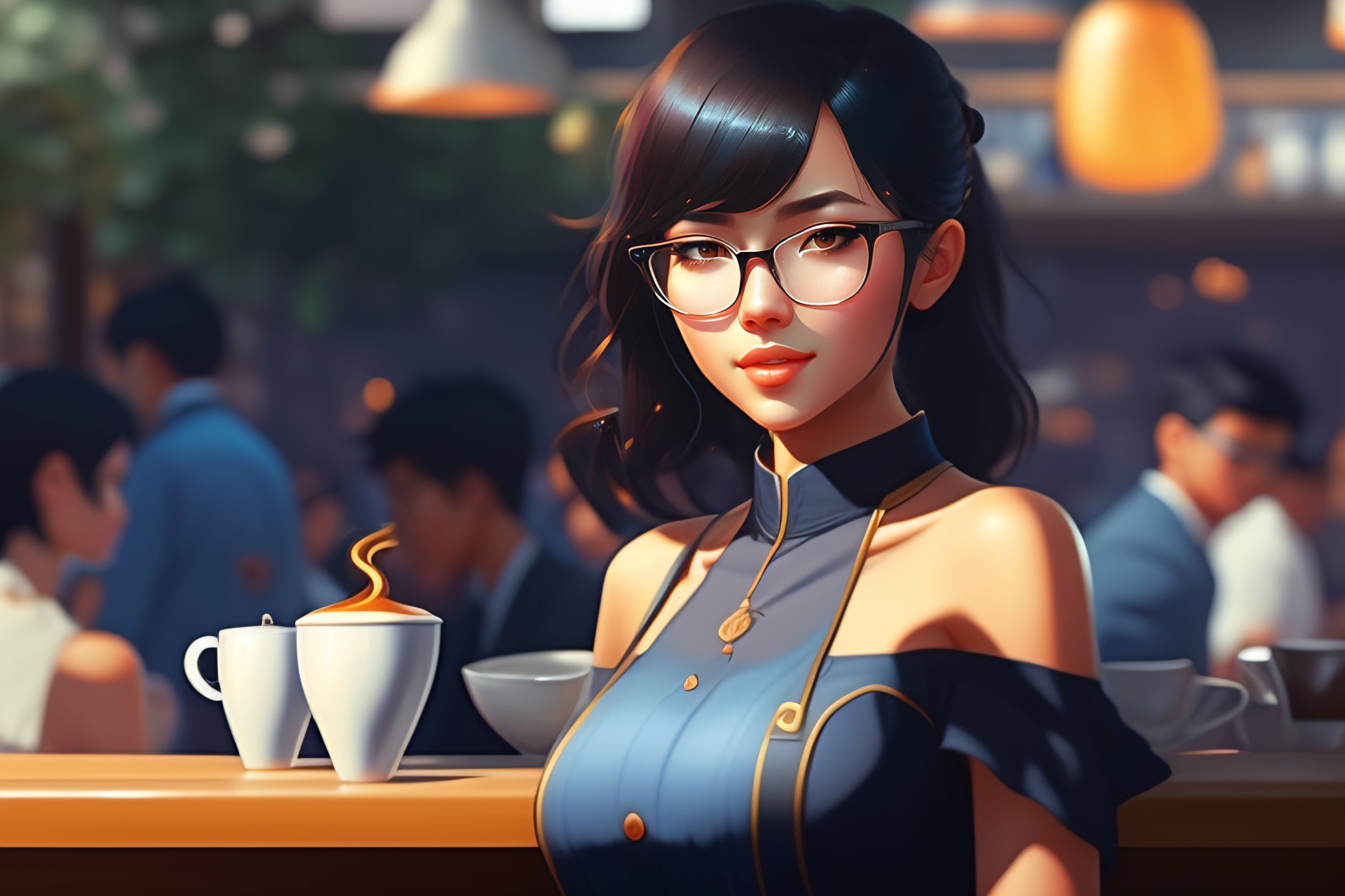 Lexica - Cute barista girl in blue dress black hair black wayfarer ...