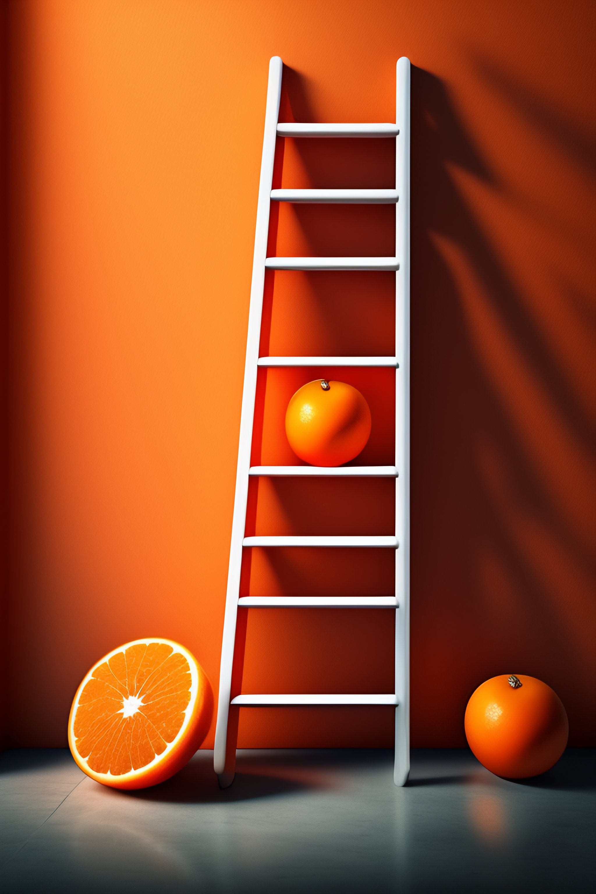 Lexica - Twisted ladder with an orange on a solid white background