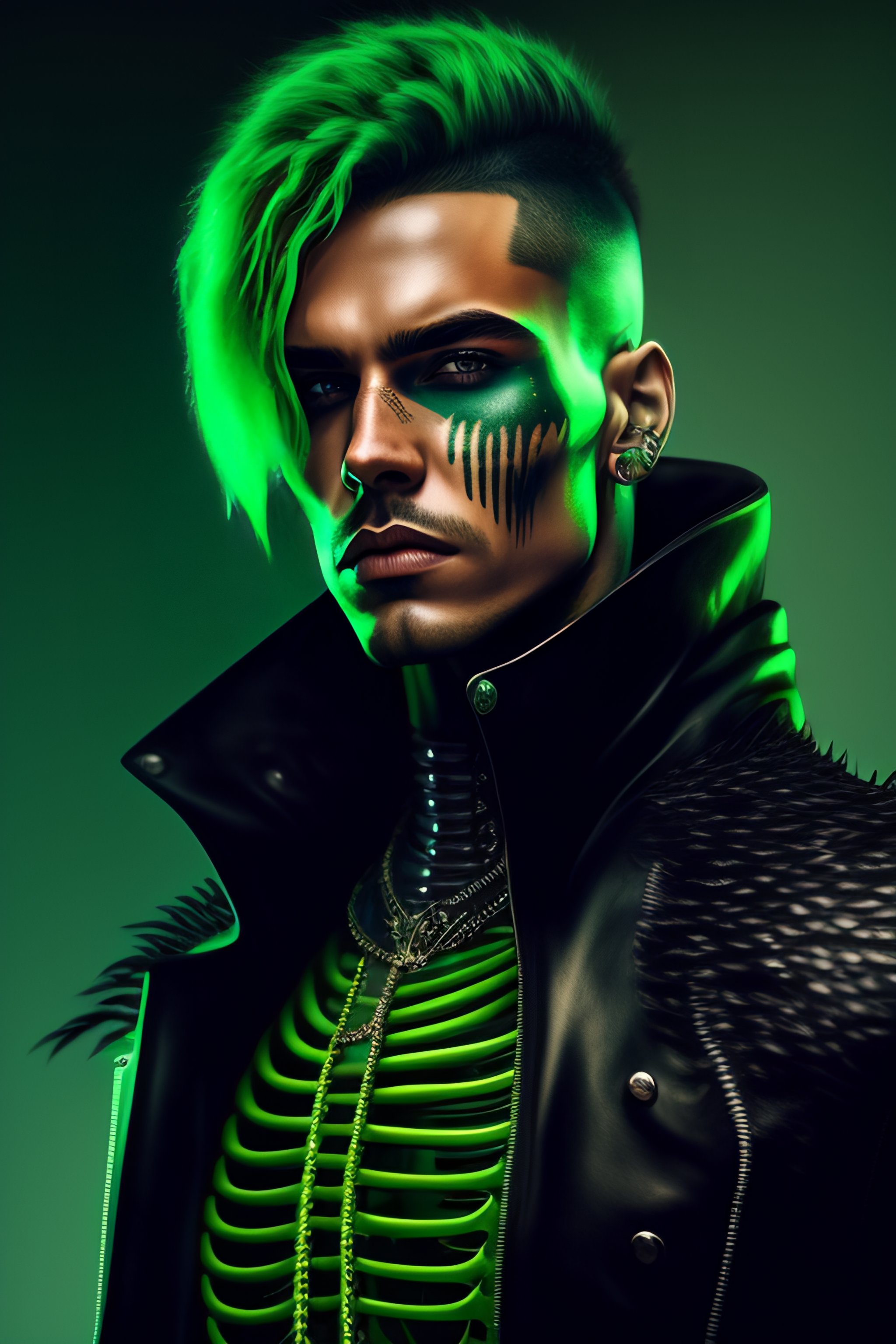 Lexica - Hyper detailed fine art portrait of skeleton punk with green ...