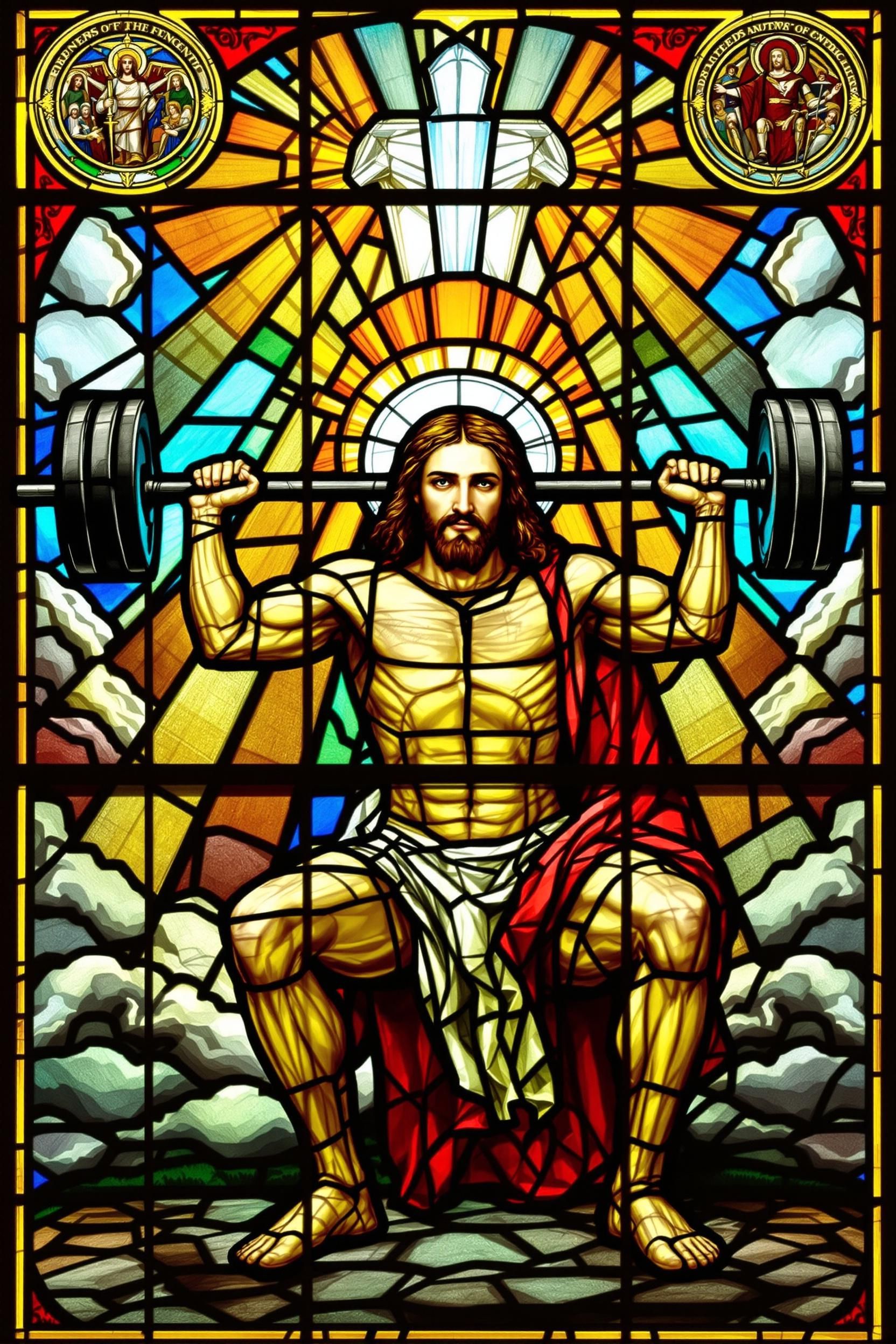 Lexica - Stained glass Jesus lifting weights with background in stained ...