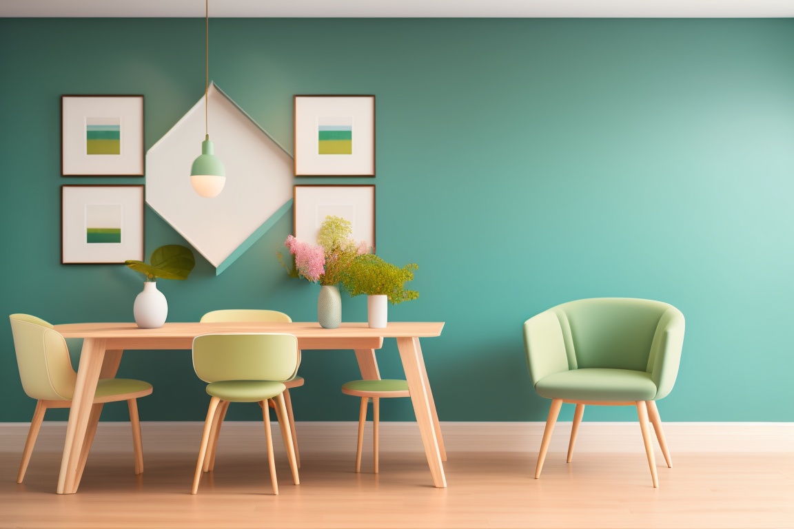 Lexica - Mint color chairs at round wooden dining table in room with ...