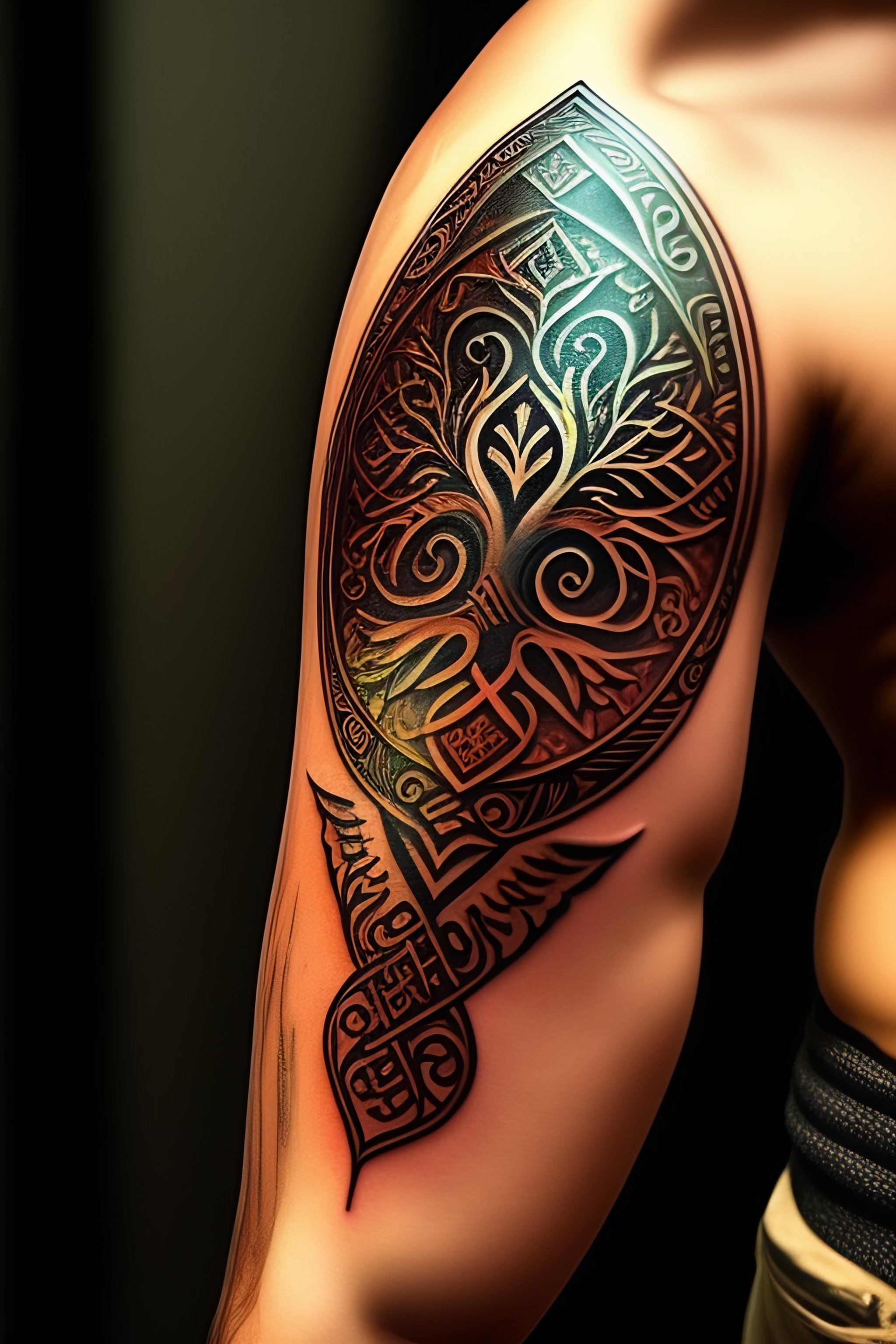 Lexica - Tattoo with runes of success and amulet, very realistic, angel ...