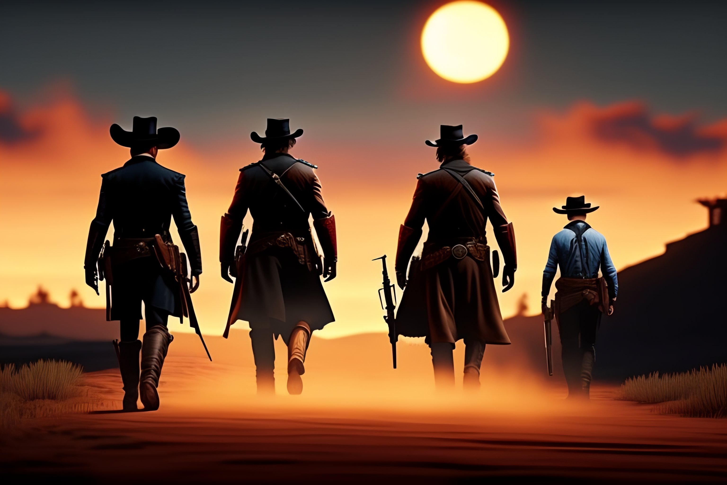 Lexica - Red Dead Redemption 2 gang of outlaws walking into the sunset with their weapons drawn