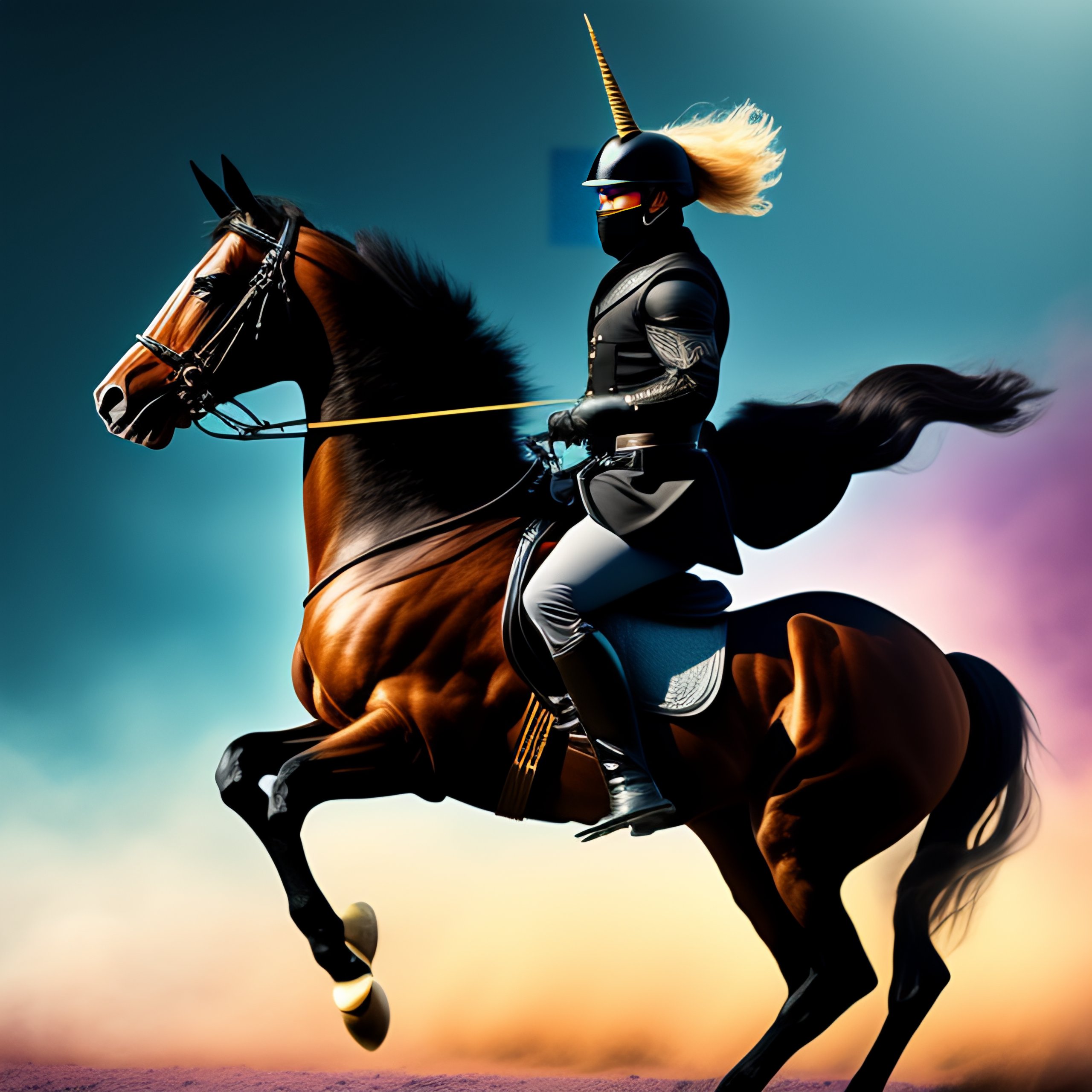 Lexica - A black uniform ninja riding on a unicorn