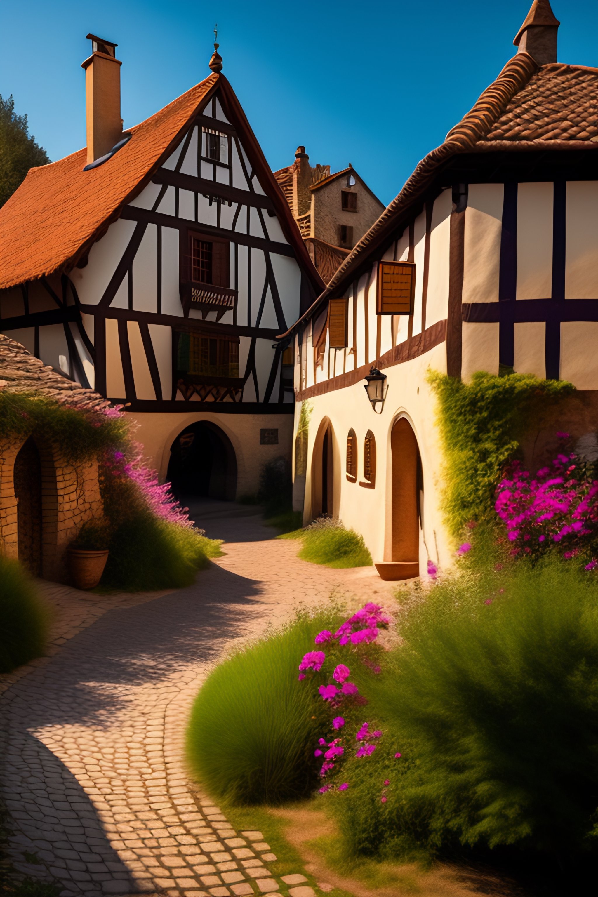 Lexica - Photograph of a medieval village, colors, mid-day