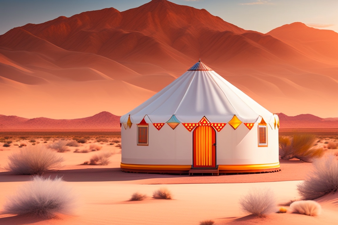 Lexica - White yurt tent in the middle of the desert, mountain backdrop ...