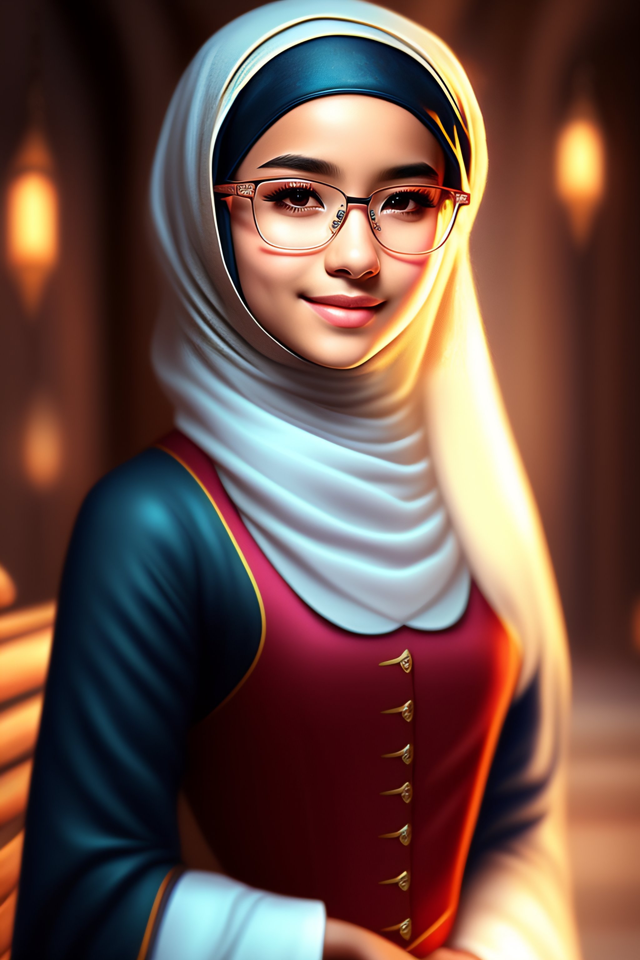 Lexica - Cute hijab girl wearing eyeglasses in fantasy medieval school uniform
