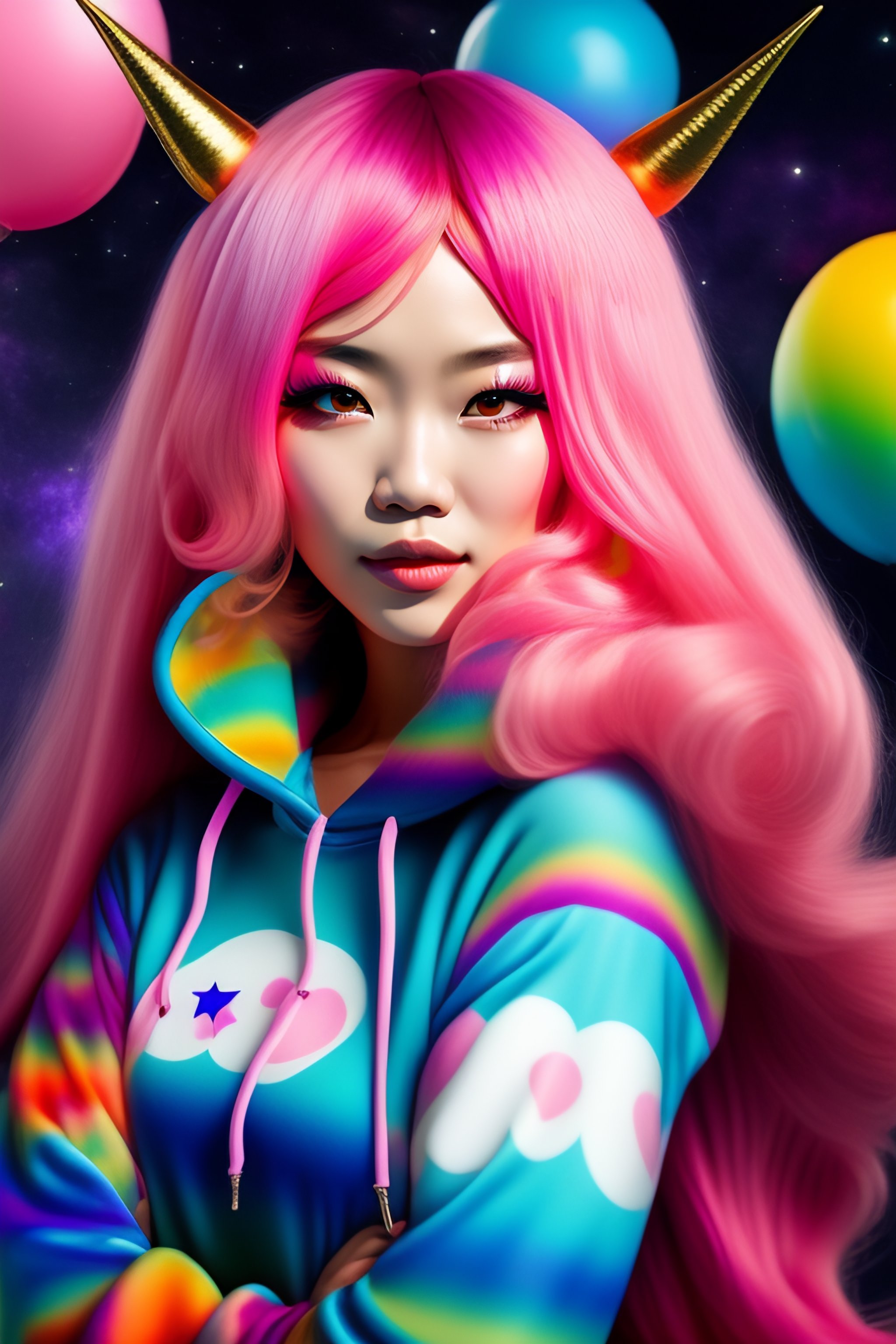 Lexica - Kawaii anime woman with long hair wearing a unicorn hoodie ...