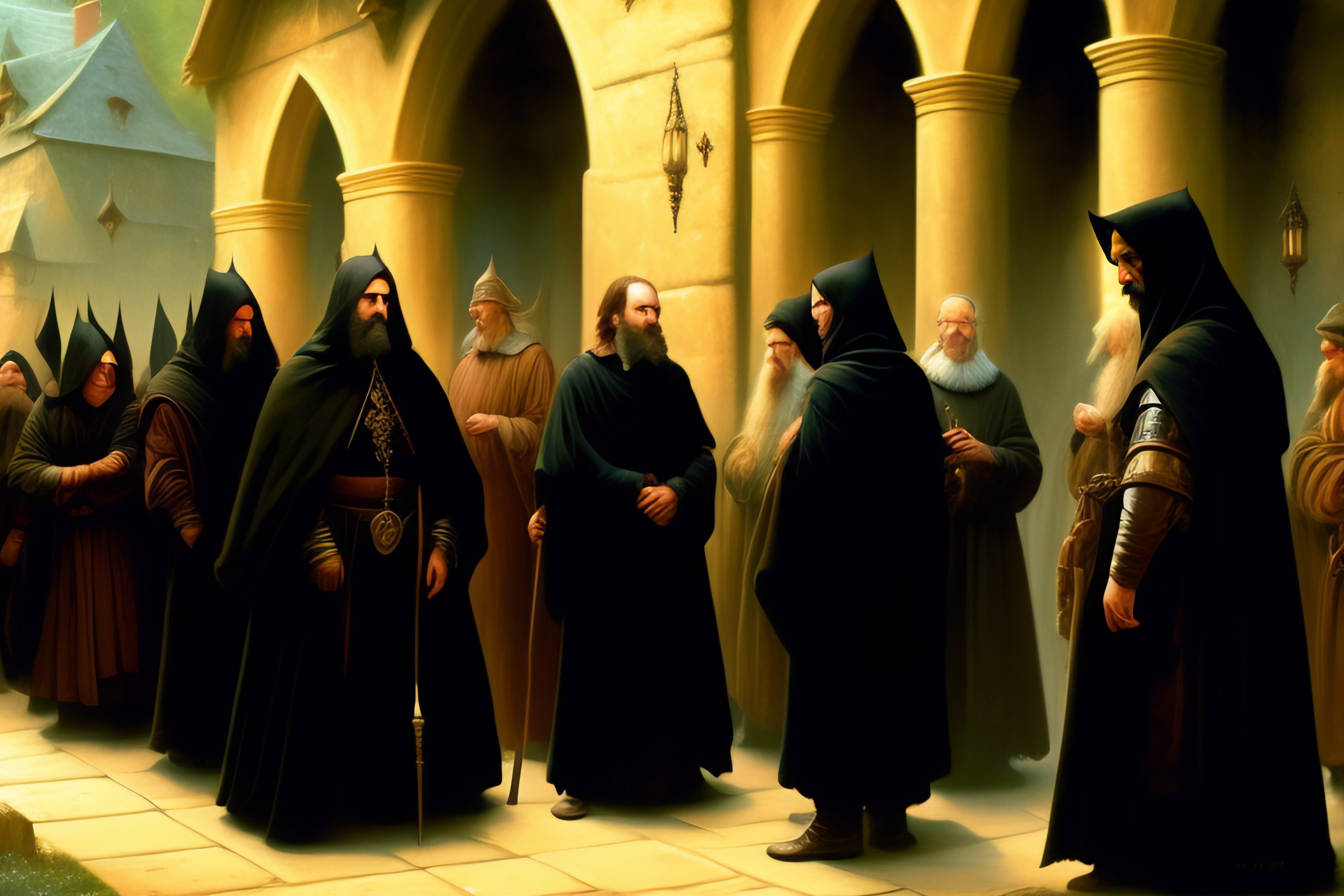 Lexica - Group of ugly old hideous warlocks, black robes, evil, men ...