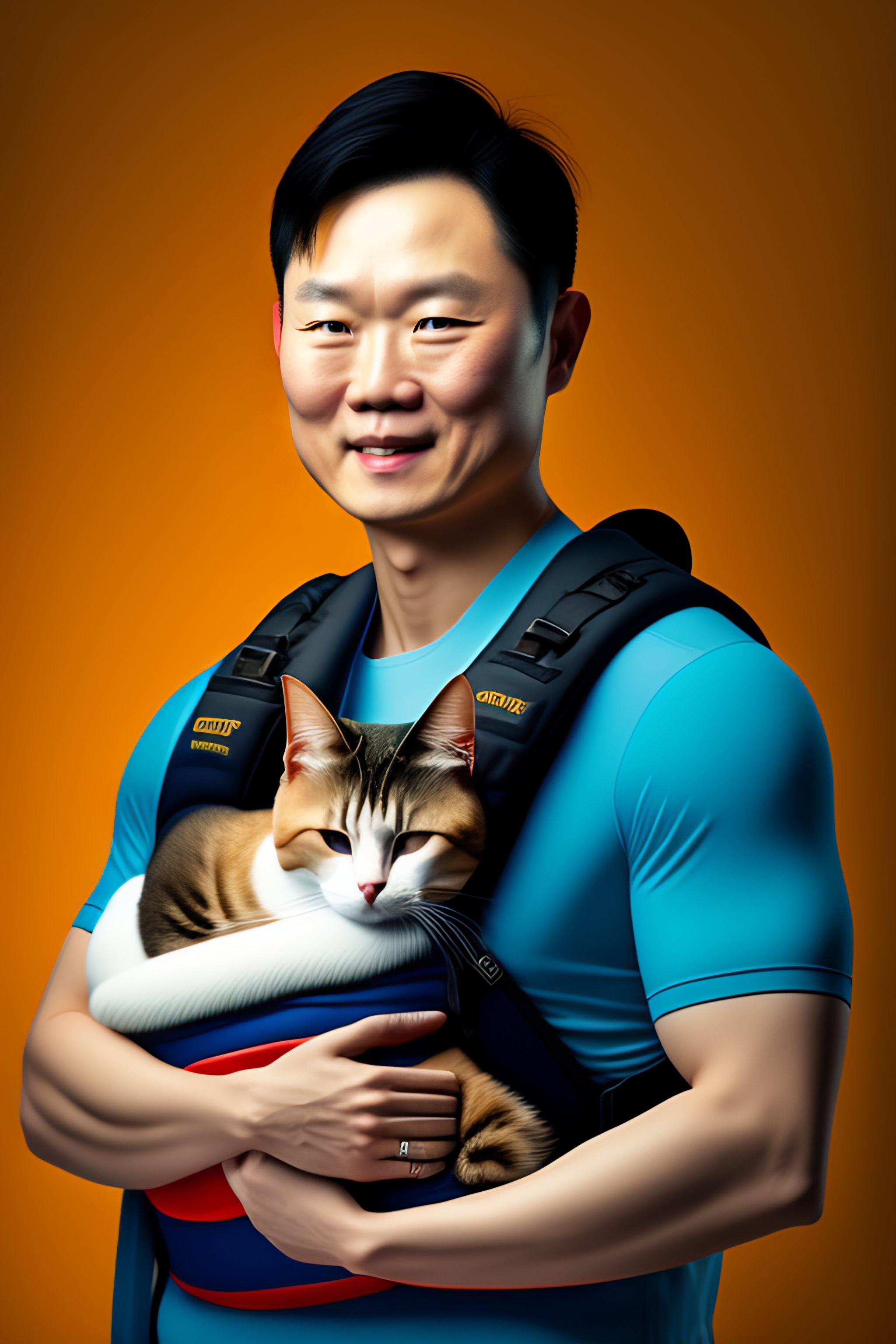 Lexica - YC Chen, wearing baby sling with one cat on the back, athlete ...