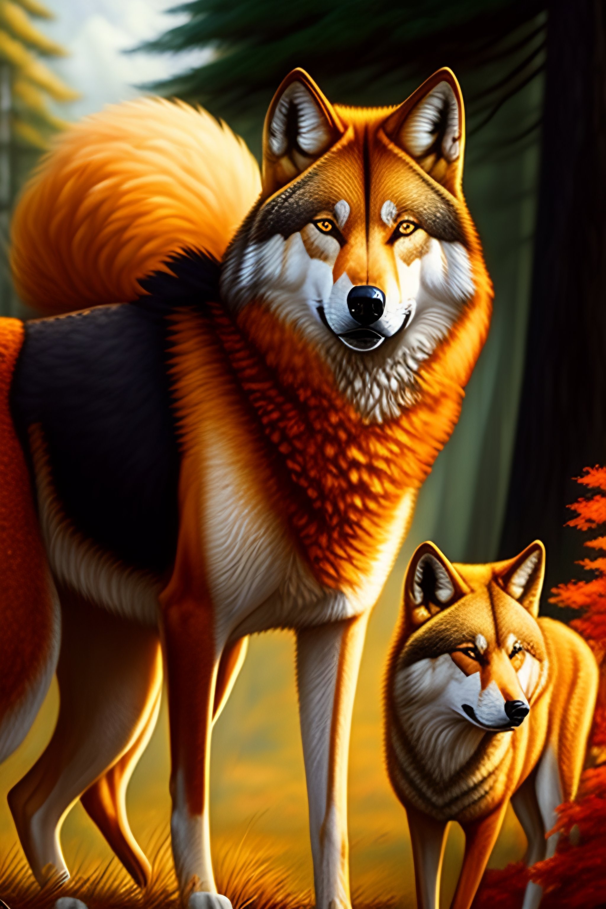Lexica - An afamed wolf dueling a brave ginger red hair golden ...