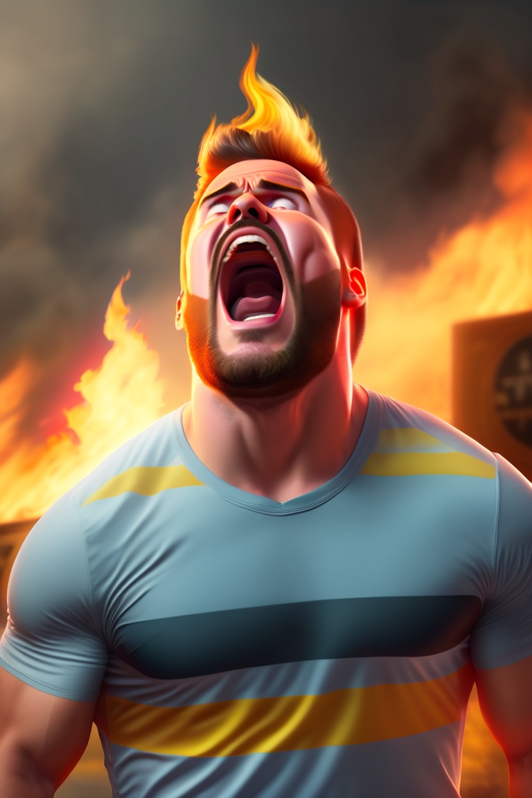 Lexica - Man frustrated, looking up, shouting, and there's fire in the ...