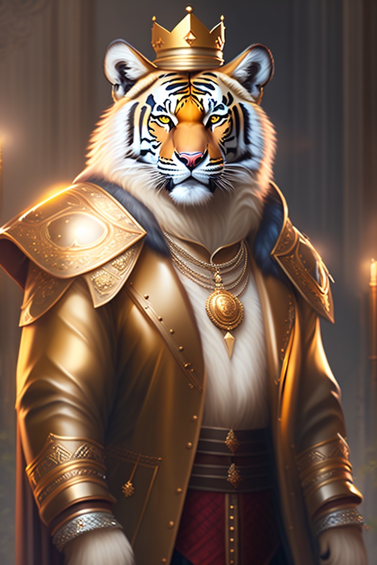 Lexica - Portrait of a tiger with king crown, gold jacket, elegant ...