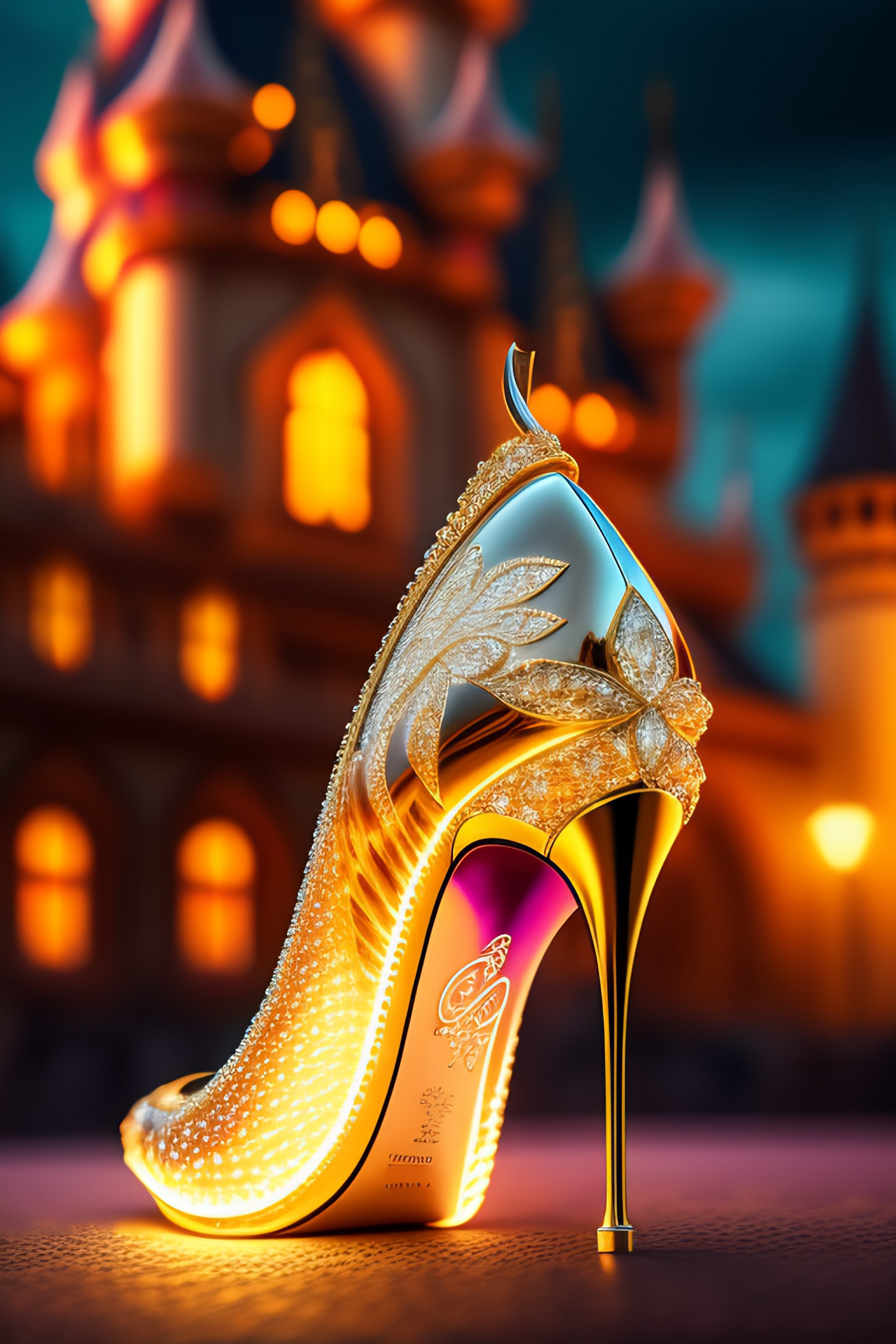 Lexica - Shiny clear intricate high heel shoe in front of a castle, 8k ...