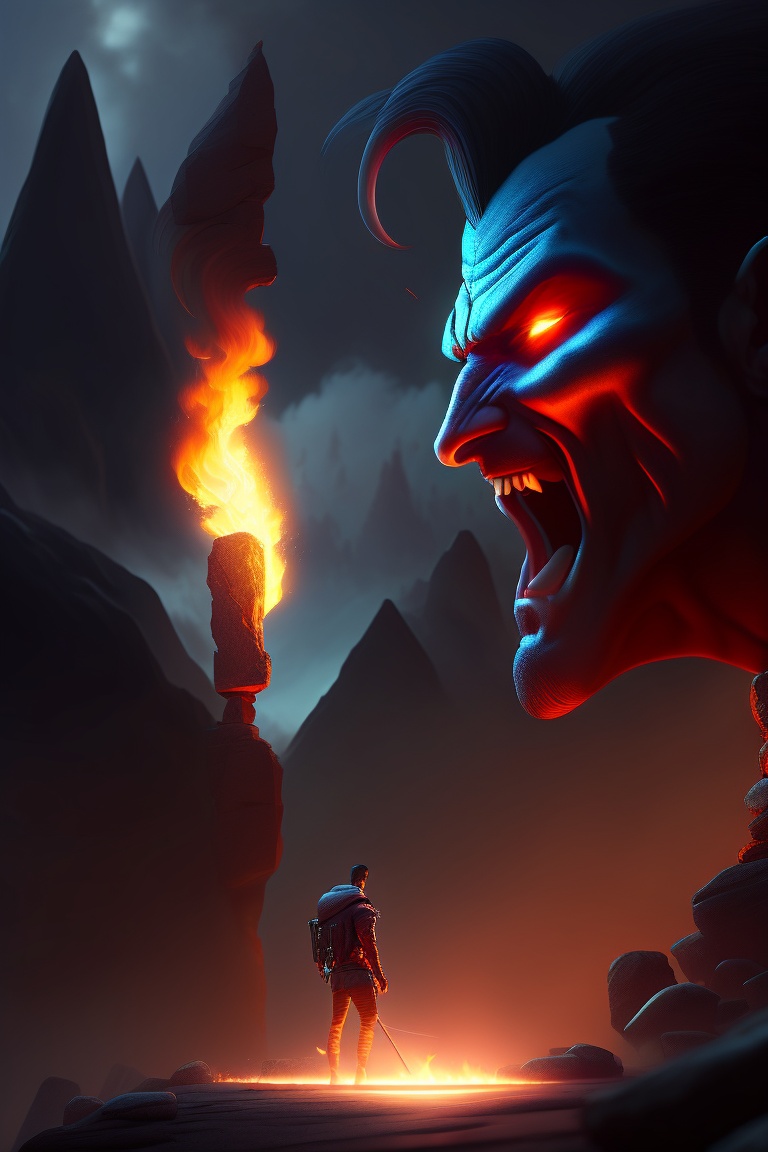 Lexica - Demon with fire in eyes, pushing man off cliff, lit shadows ...