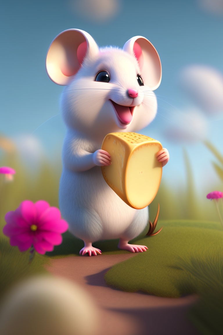 Lexica - 3d white mouse, big eyes, pink nose, five fingers hands ...