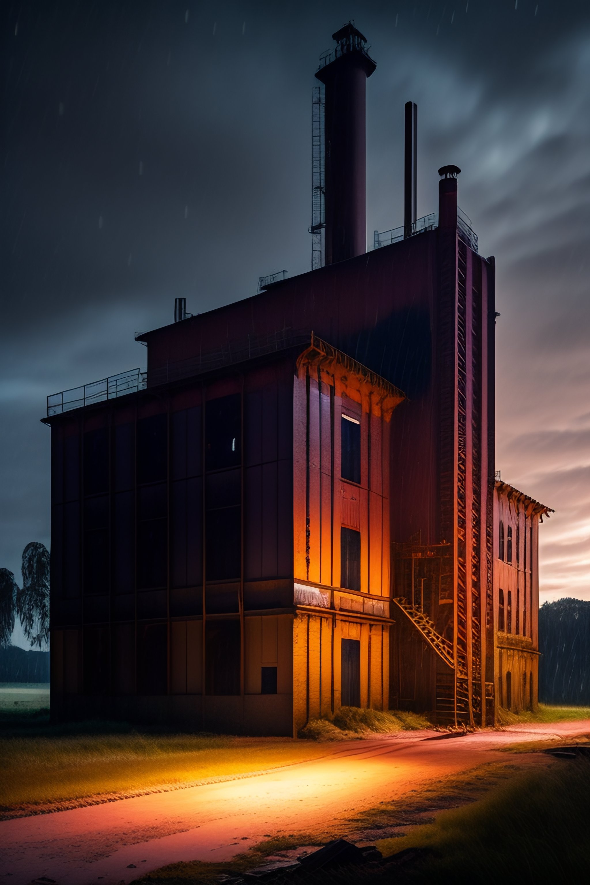 Lexica - A long abandoned Victorian factory on a rainy night, large ...