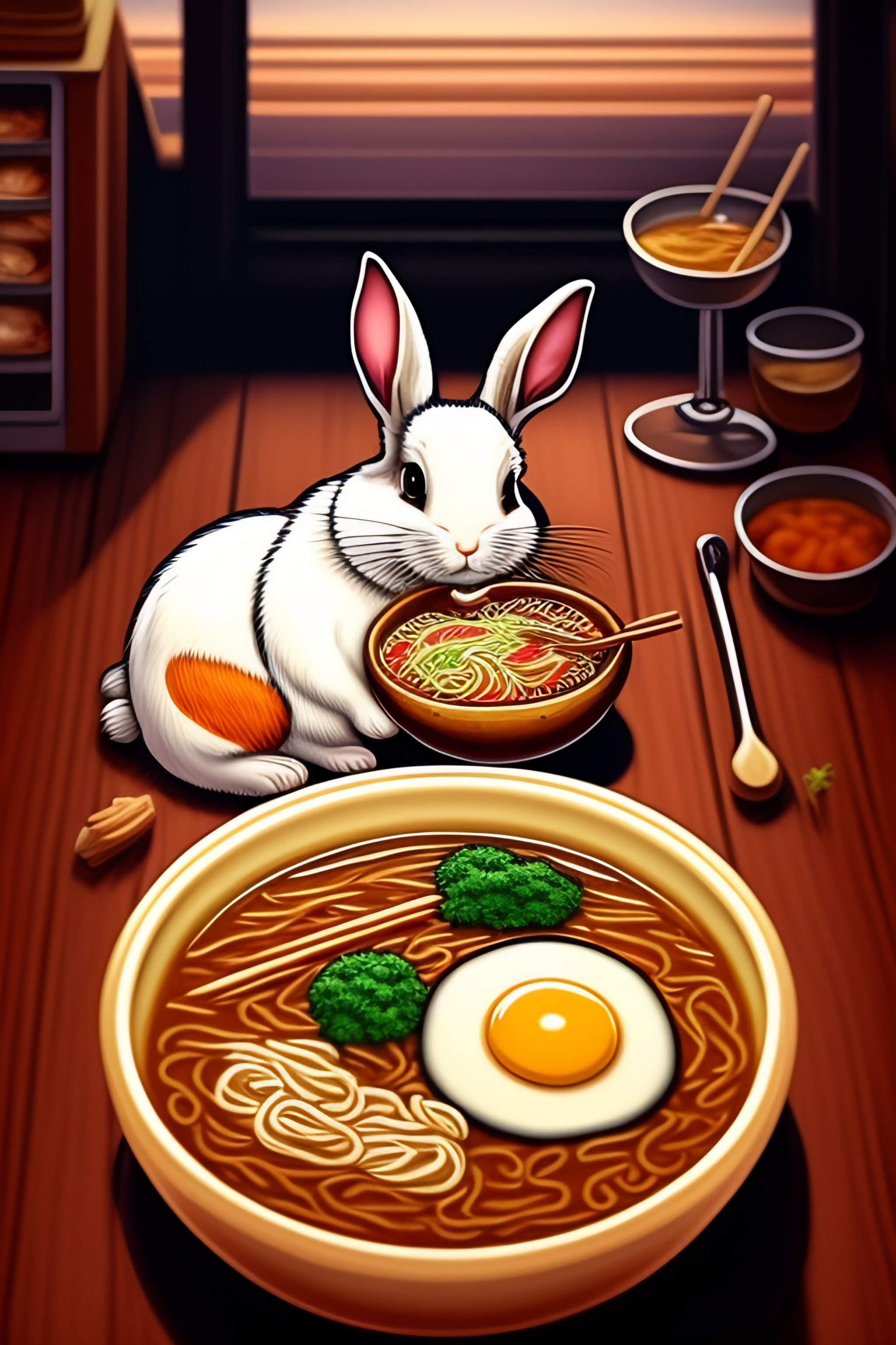 Lexica - Bunny chef making ramen, manga style, surreal