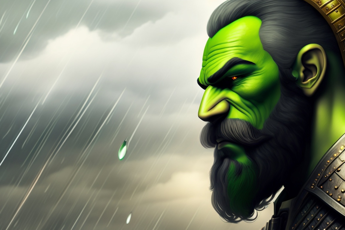 Lexica - Orc with green skin,green nose,with viking beard in the rain ...