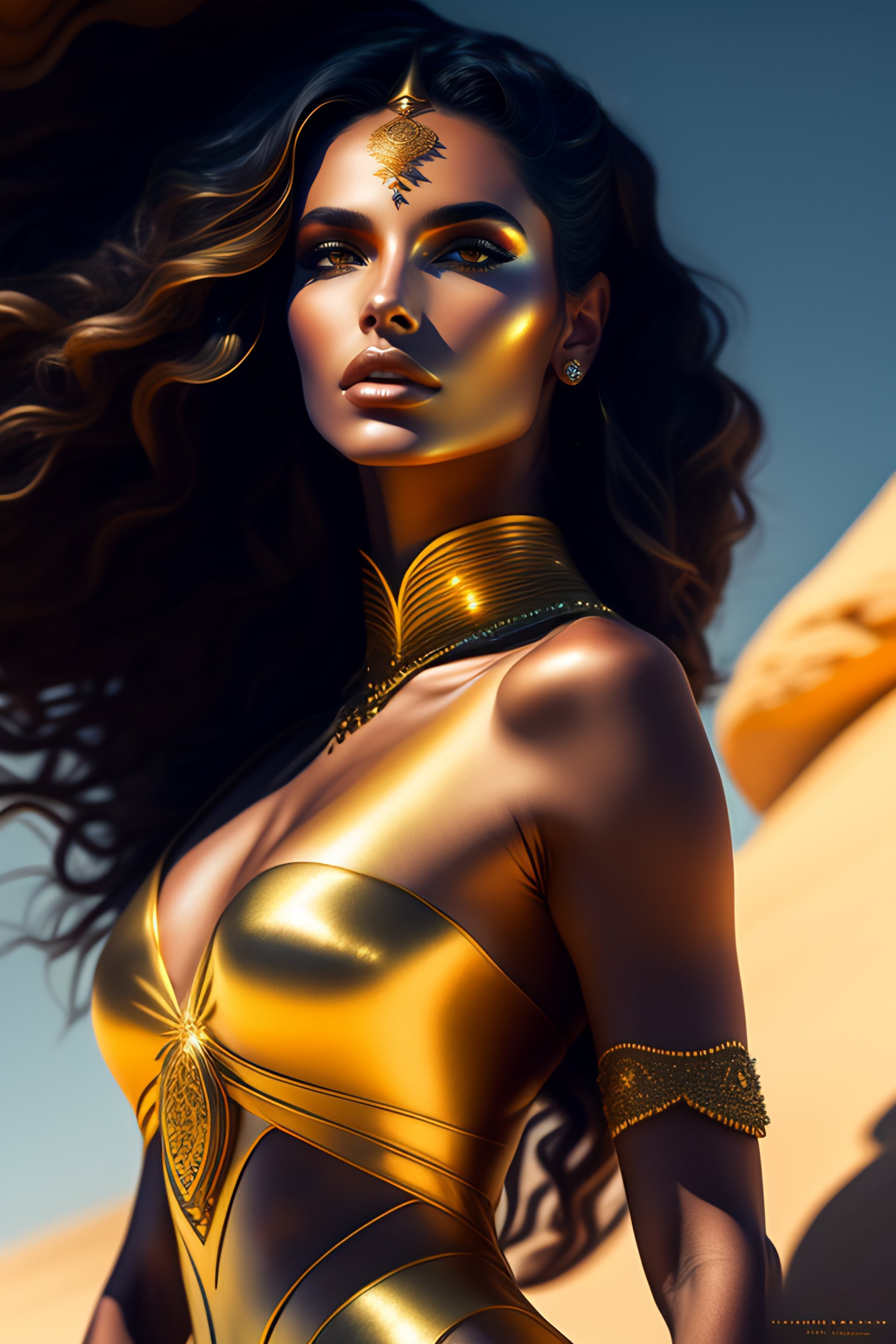 Lexica - A beautiful cinematic female sand goddess, golden dress, glow ...