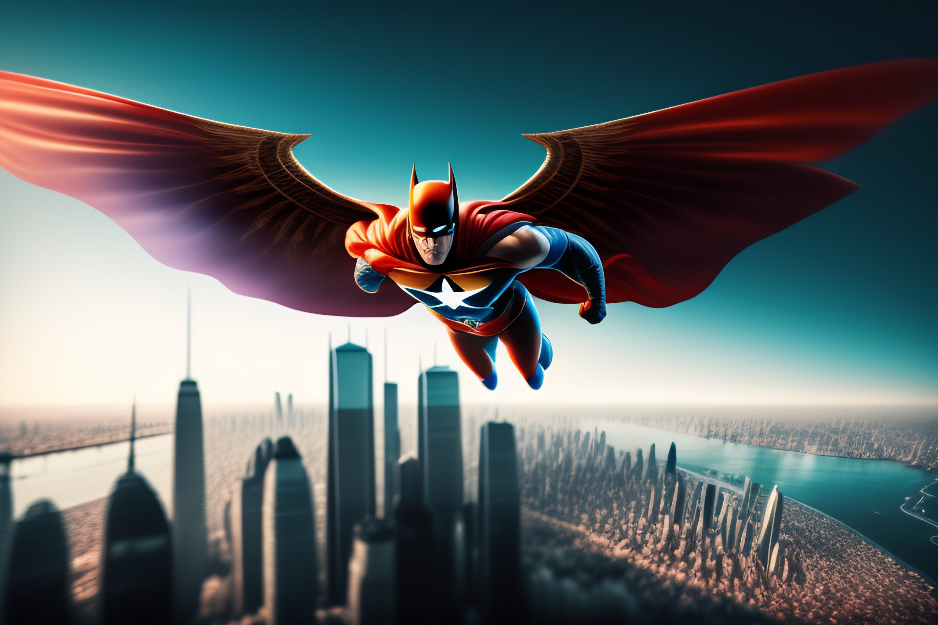 Lexica - Flying super hero human over city with wings