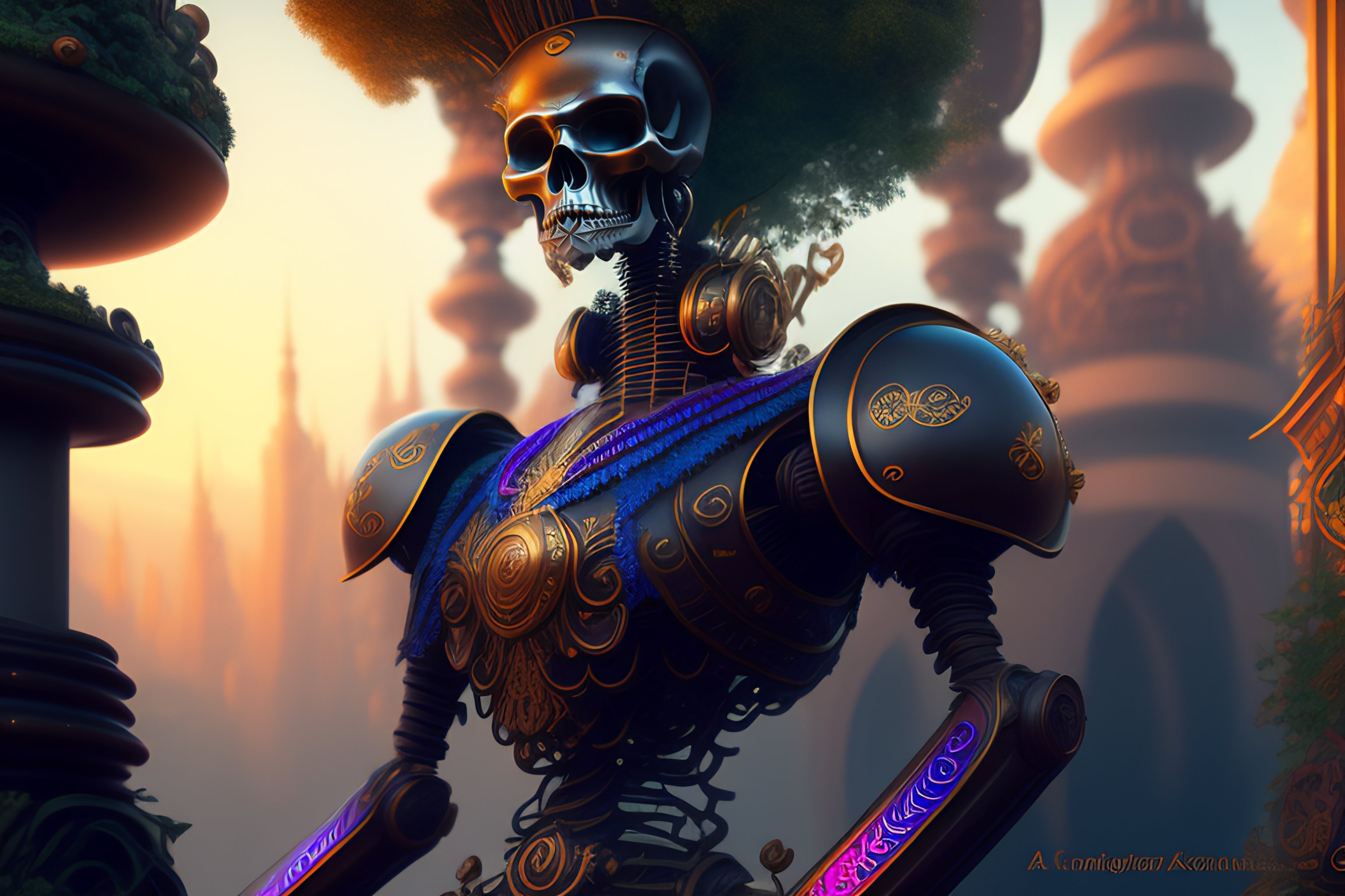 Lexica - A carved overgrown statue of a skelleton, robot, extremly ...