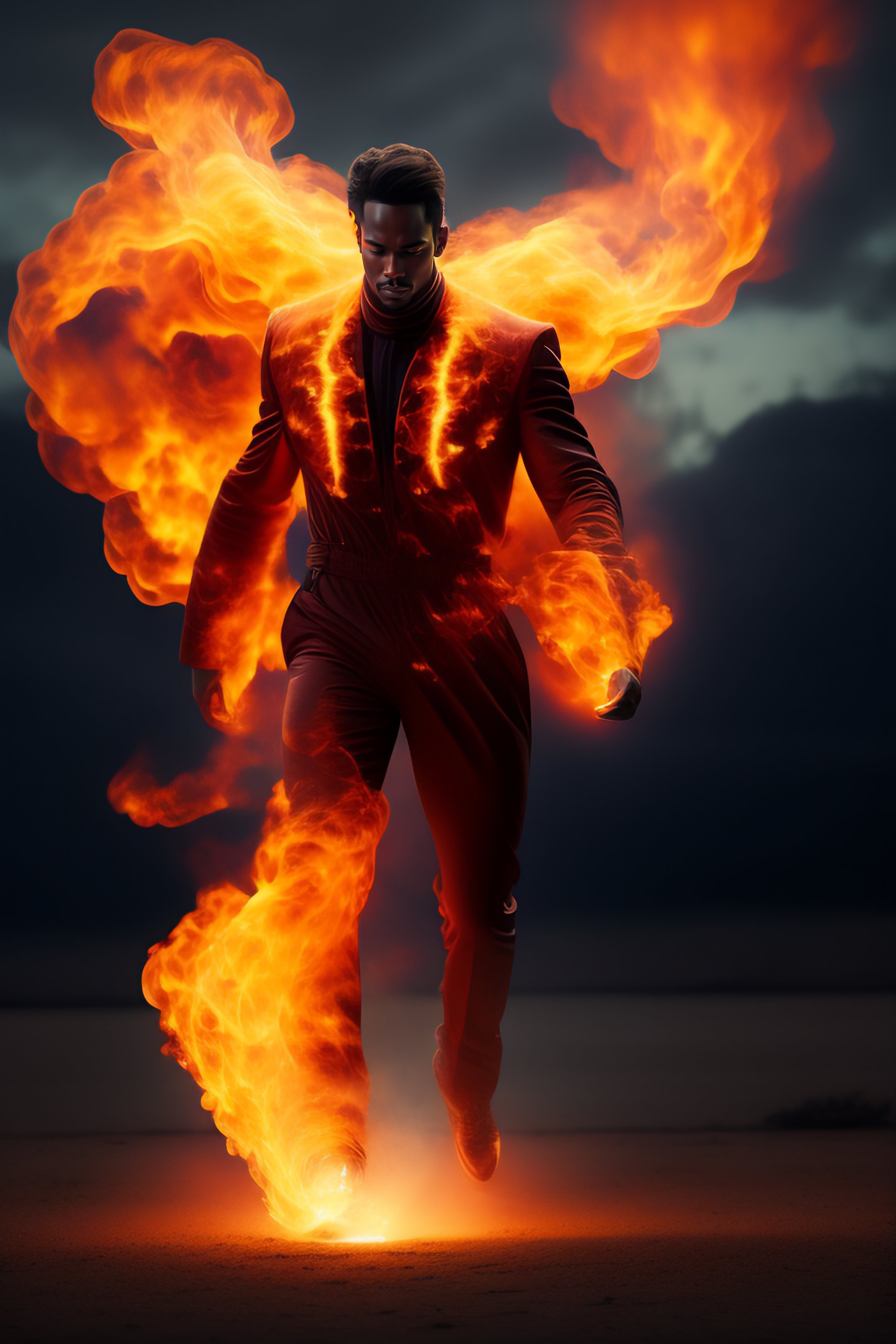 Lexica - A liquid man is creating a fireball; he is very similar to a human