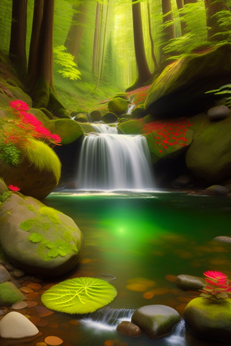 Lexica - In the lush forest, towering emerald trees stretch towards the ...