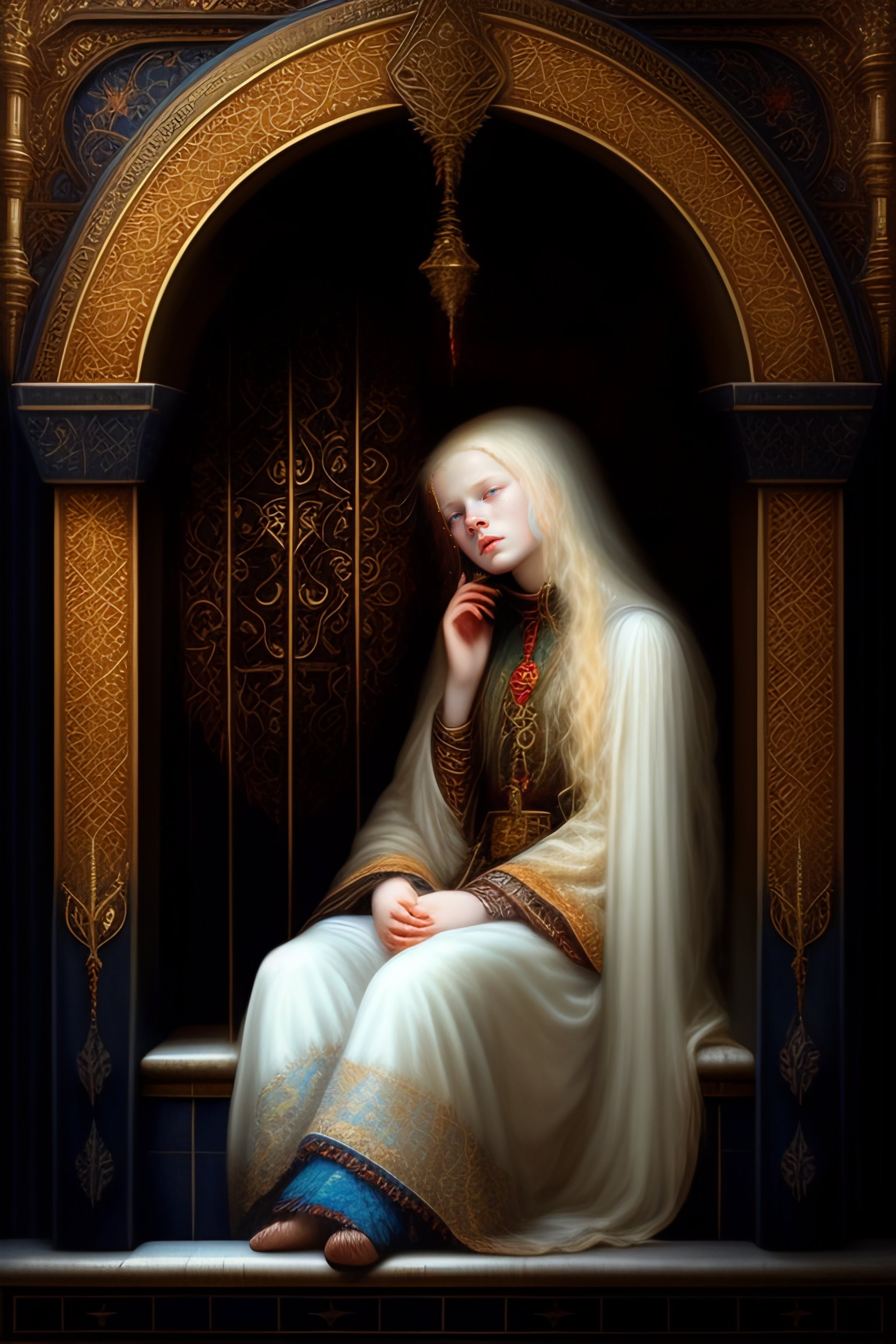 Lexica - 12 years old crying albino vampire female in a temple sitting ...