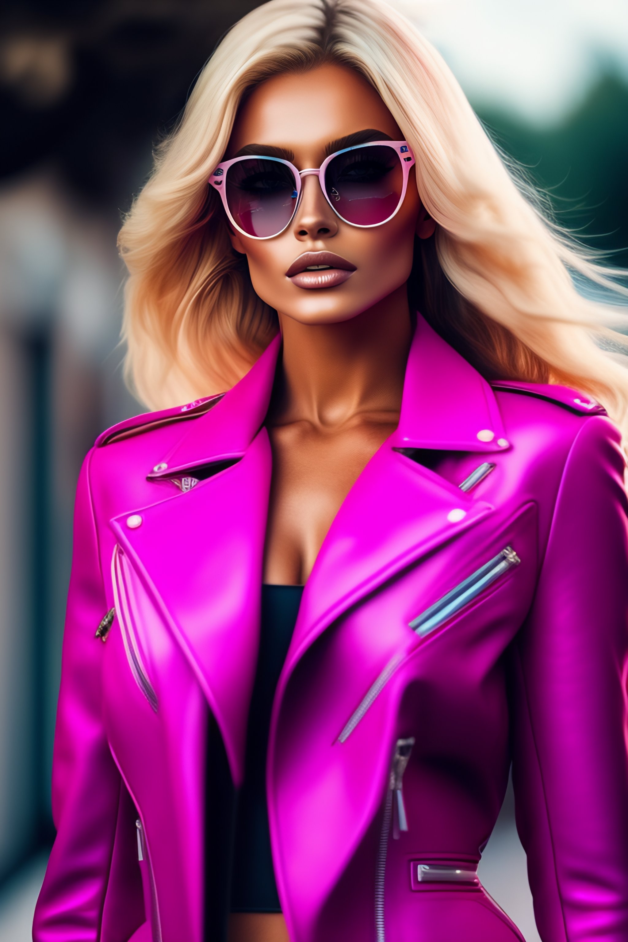 Lexica - Sexy long haired blonde in pink leather suit leaning up against a motobike, clear glasses