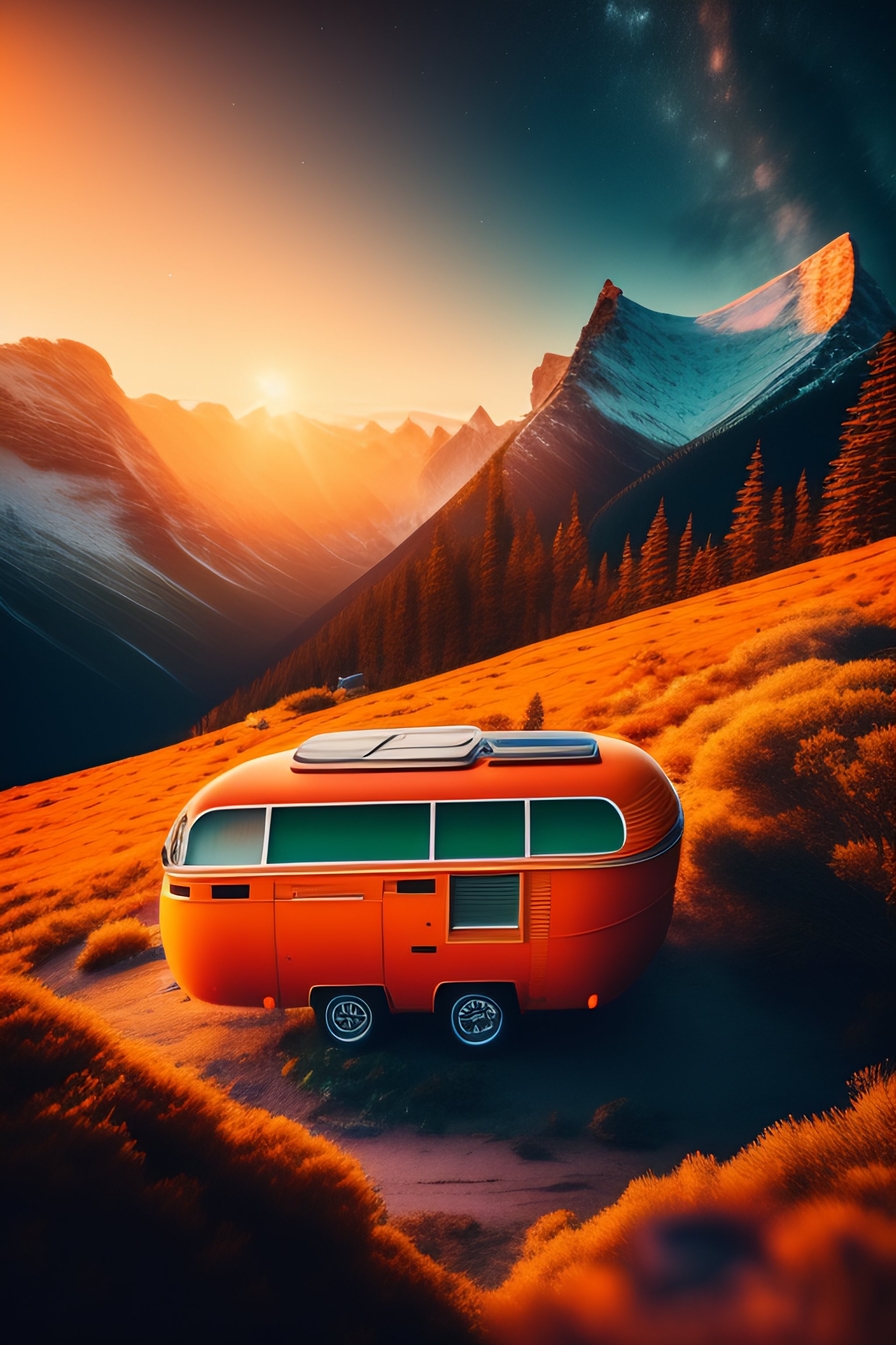 Lexica - Orange campervan on snowy mountains, green forest background ...
