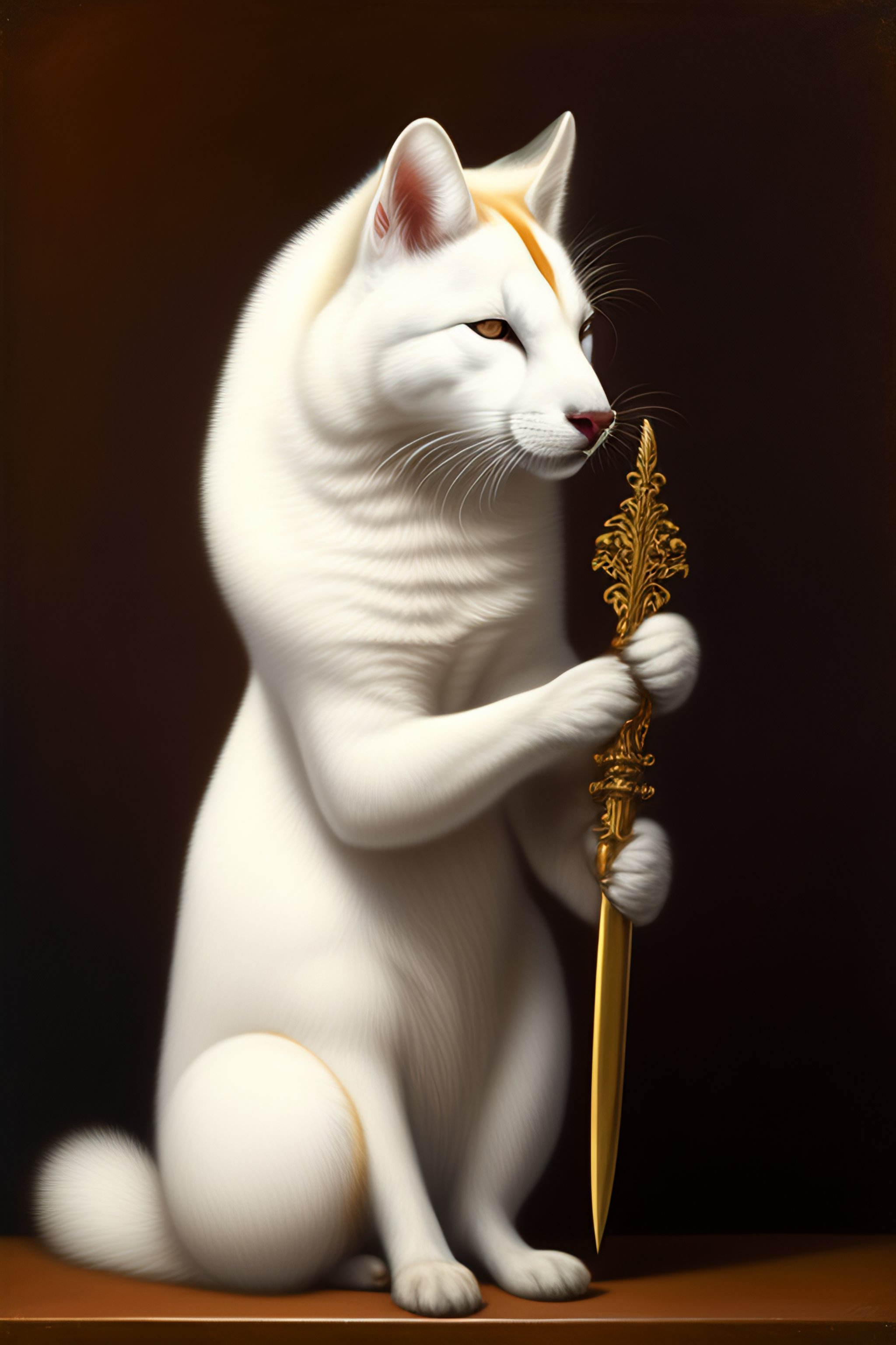 Lexica - Angry white ermine in lying position with one paw on a dagger