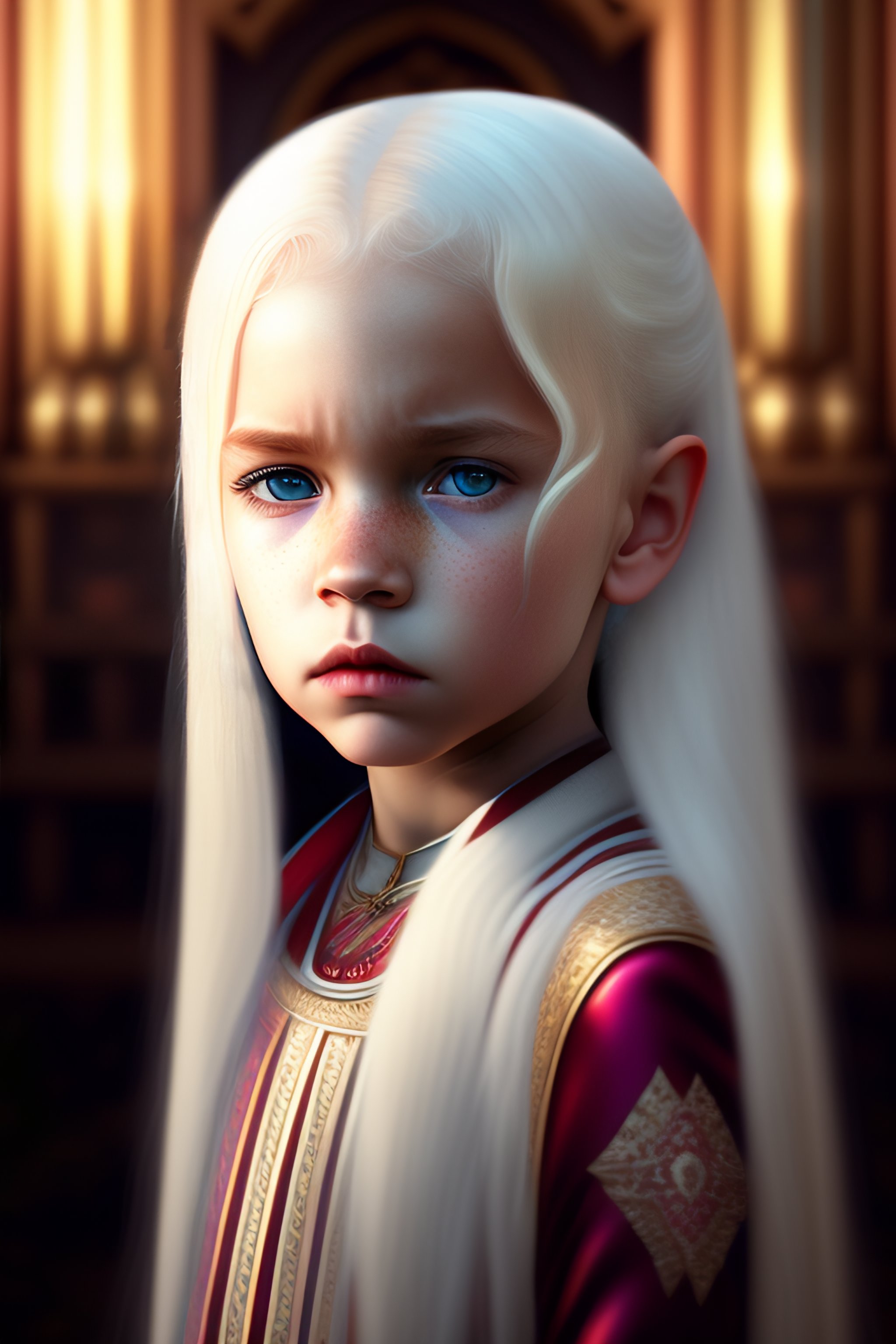 Lexica - Sad looking albino vampire female child in a temple
