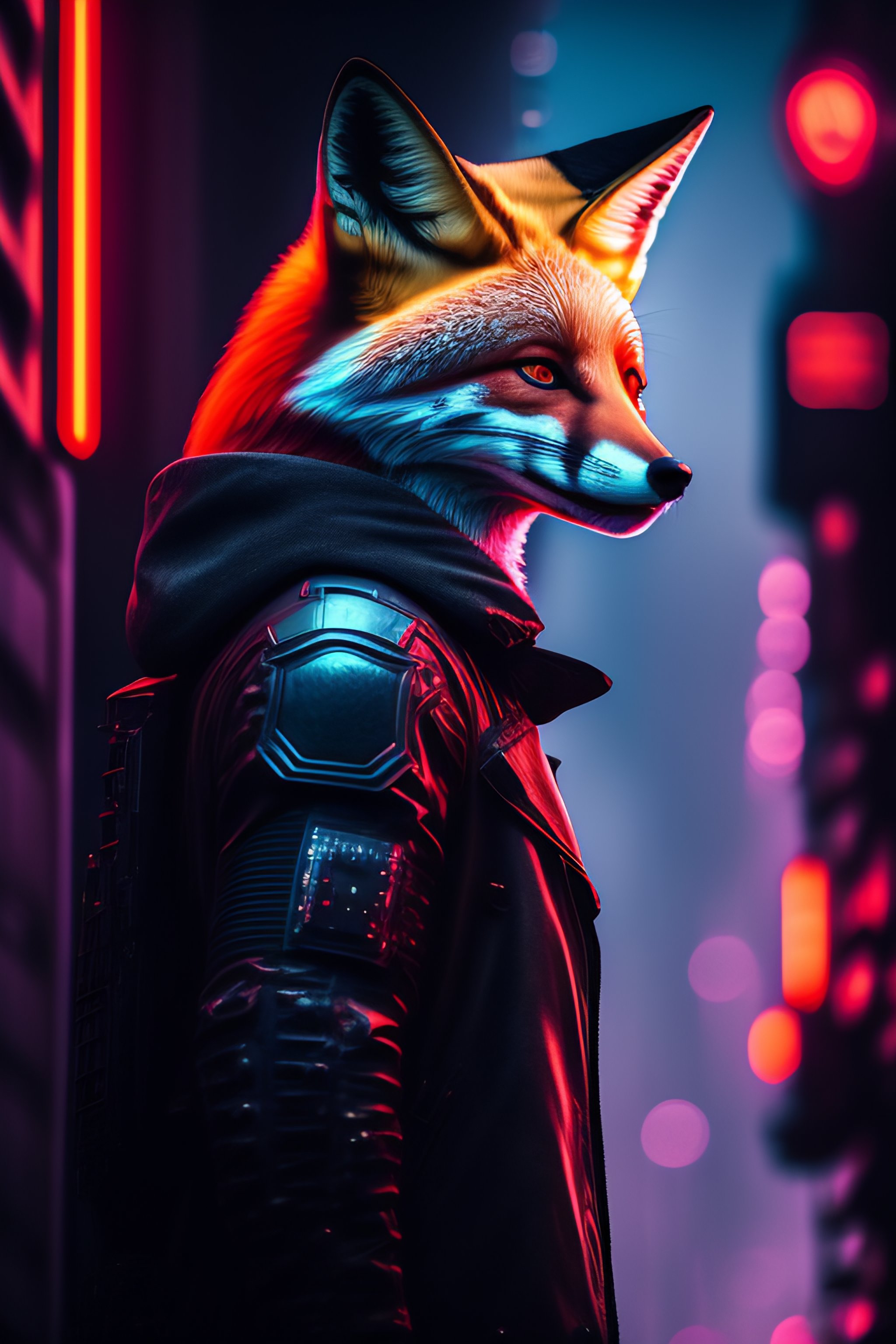 Lexica - Male red fox humanoid, red lights, metropolis, cyber punk ...