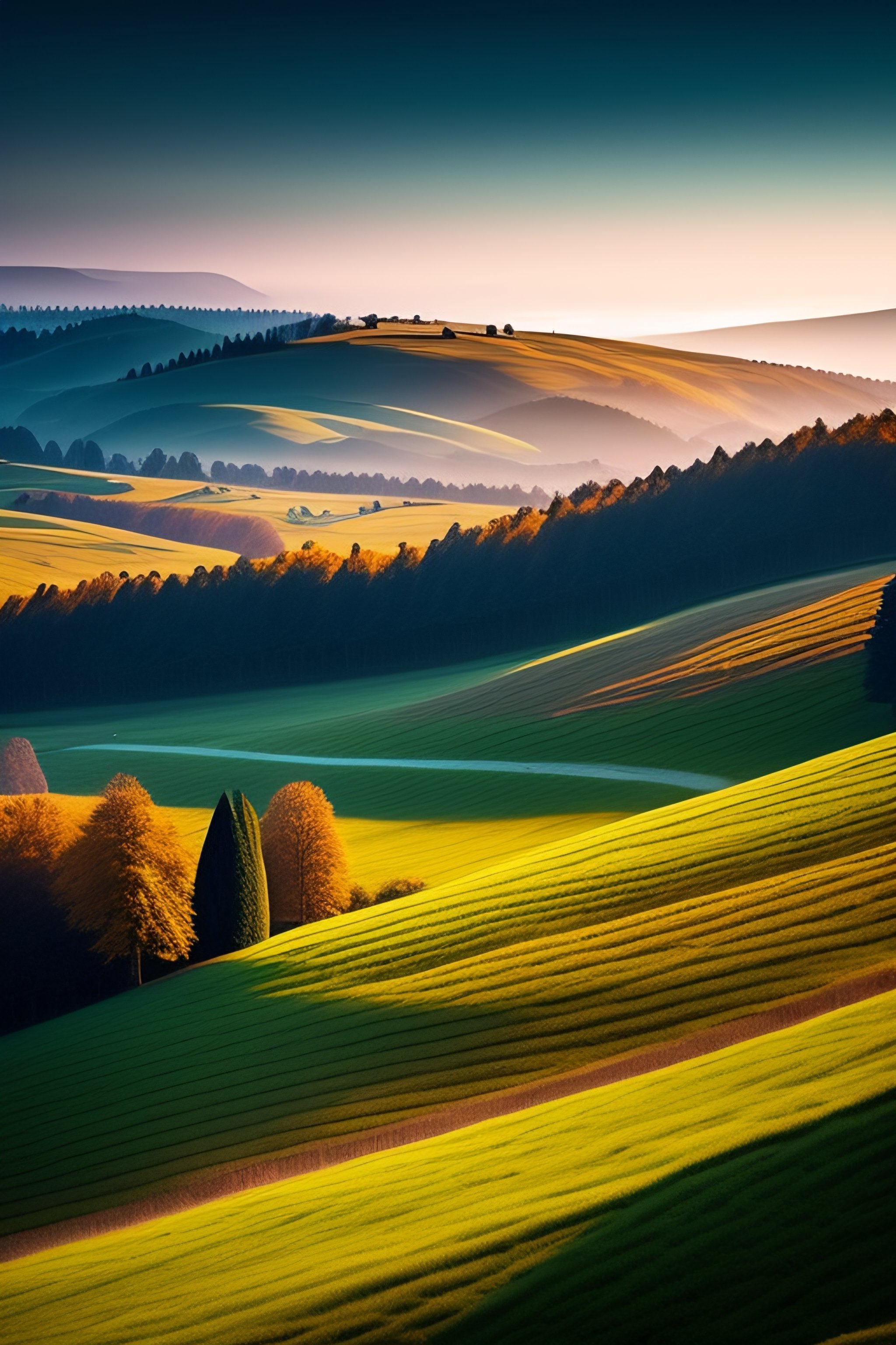 Lexica - Landscape hills horses firs, villages, photografic
