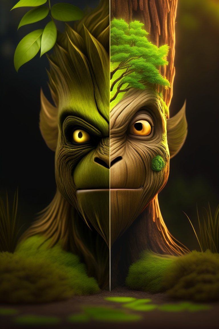 Lexica - Half face Groot, half face Swamp Thing, cute, tree, contrast