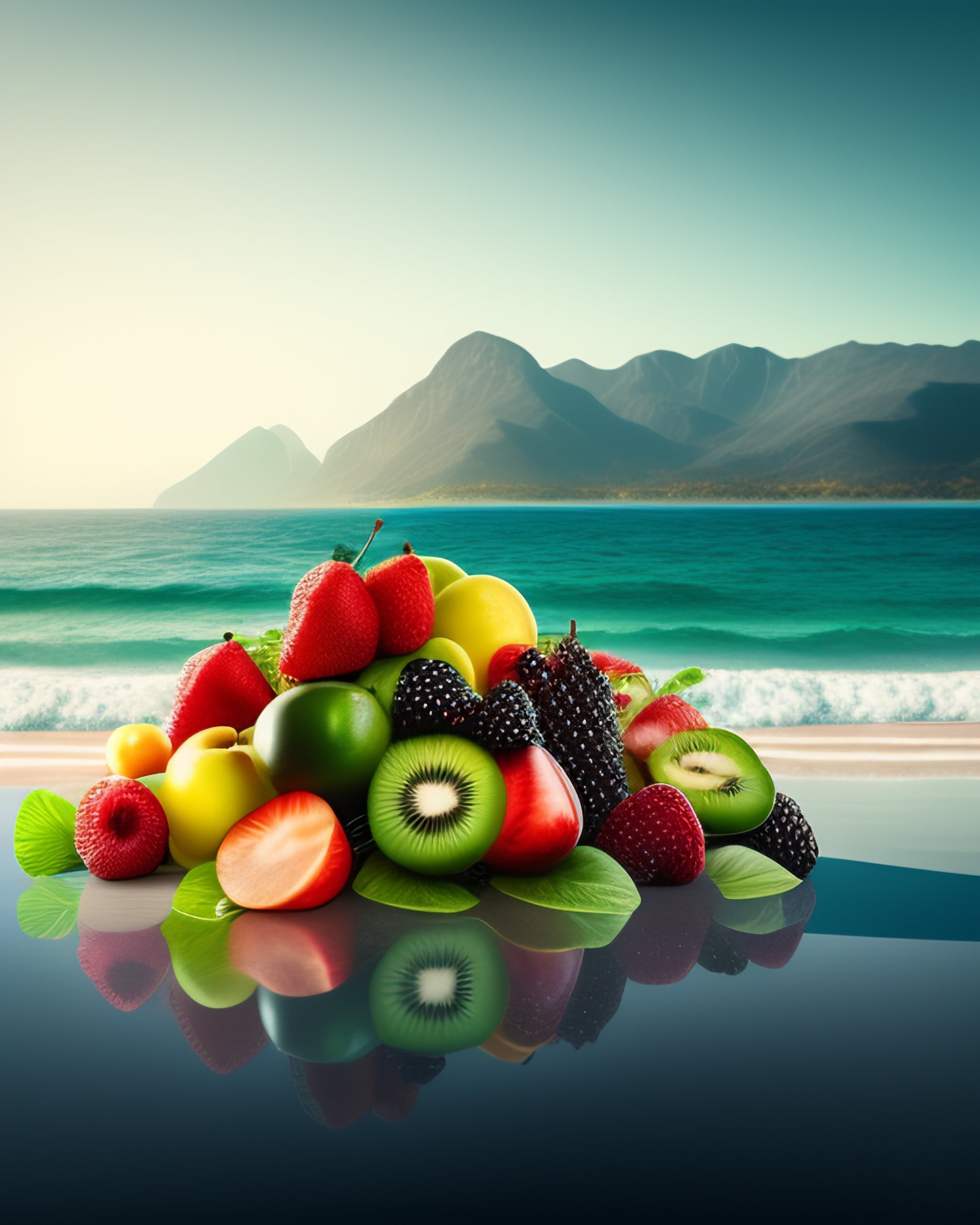 Lexica - Piles of fresh fruits by the sea look like mountains