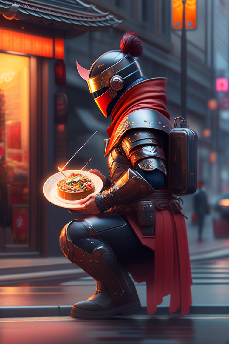 Lexica - A futuristic samurai eating ramen in the street, vibrant ...