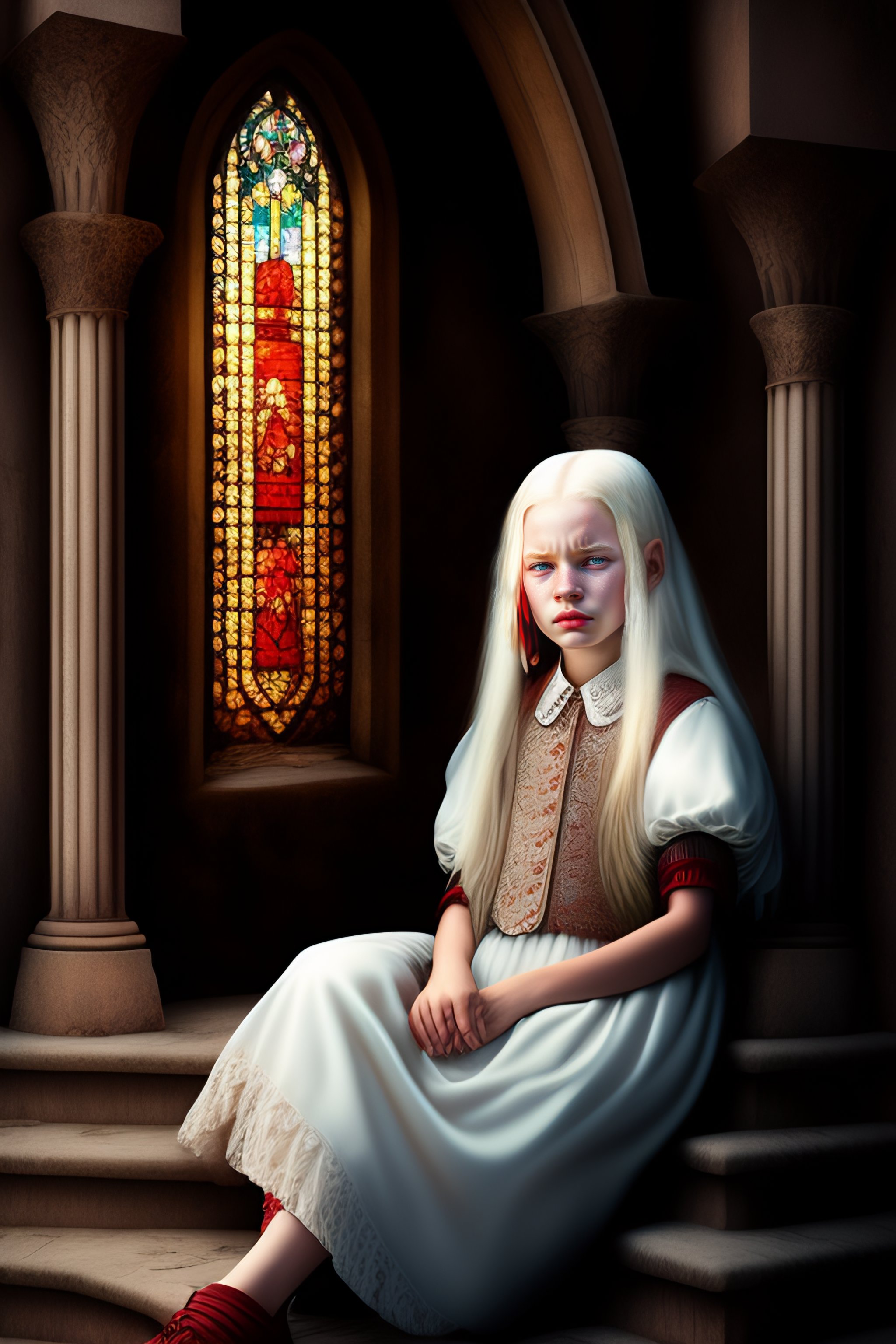 Lexica - 12 years old crying sad albino vampire female sitting on the ...