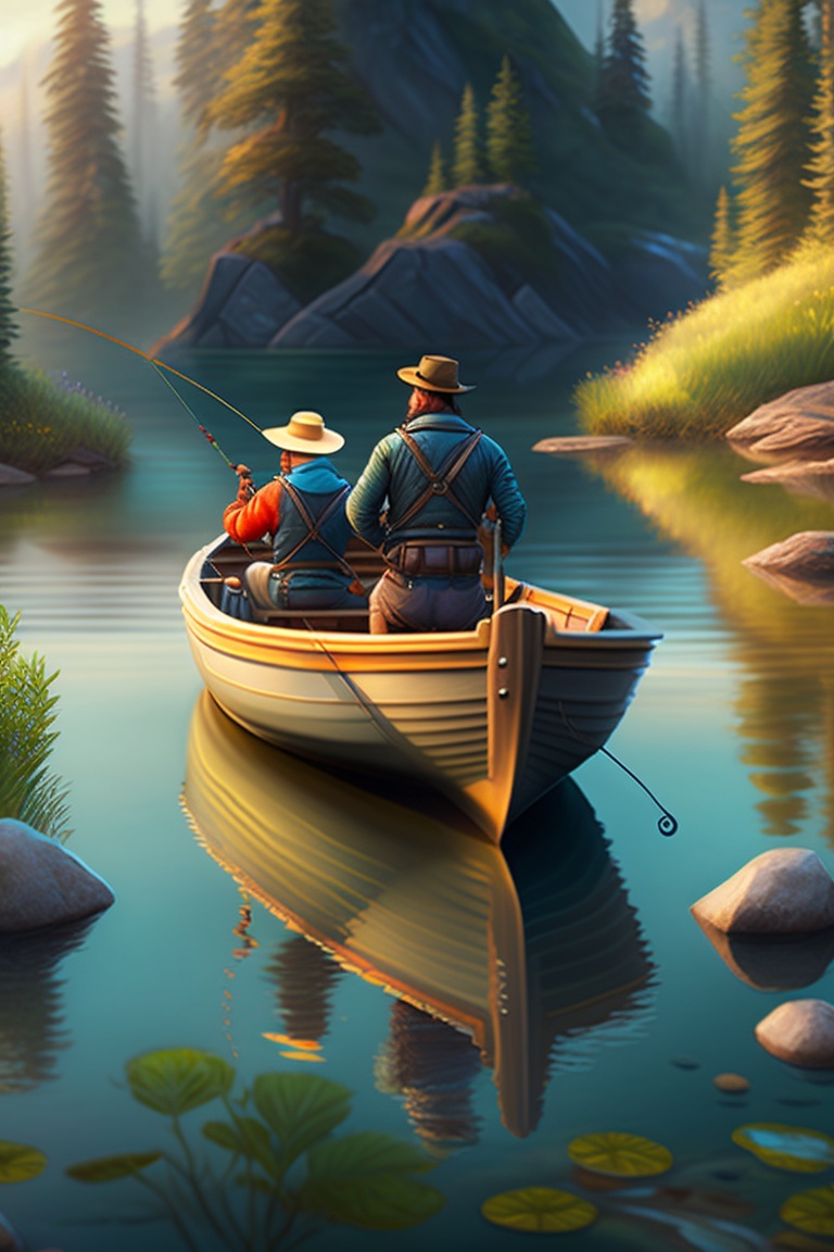 Lexica - 2 friends with fishing rods in a boat fishing in a hidden ...