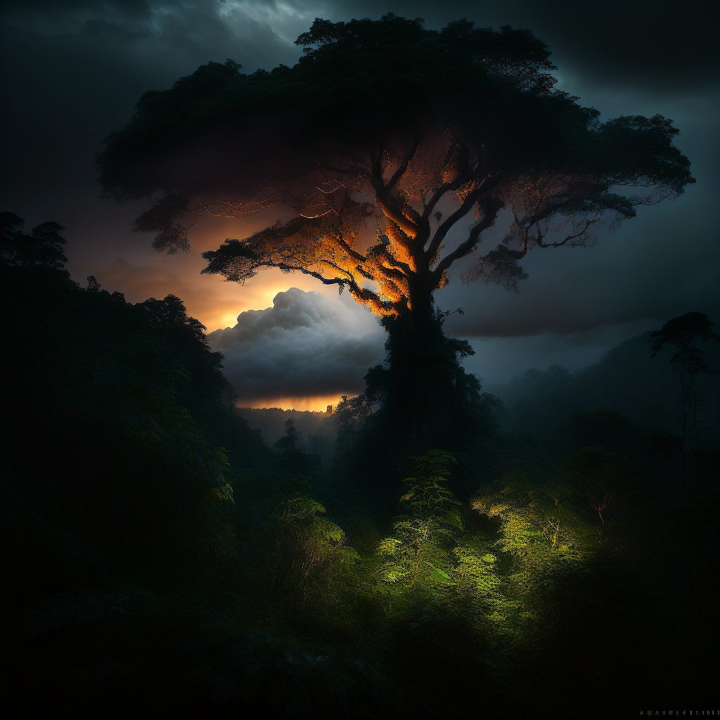 Lexica - A thunder night in the jungle, where dark storm clouds loom ...
