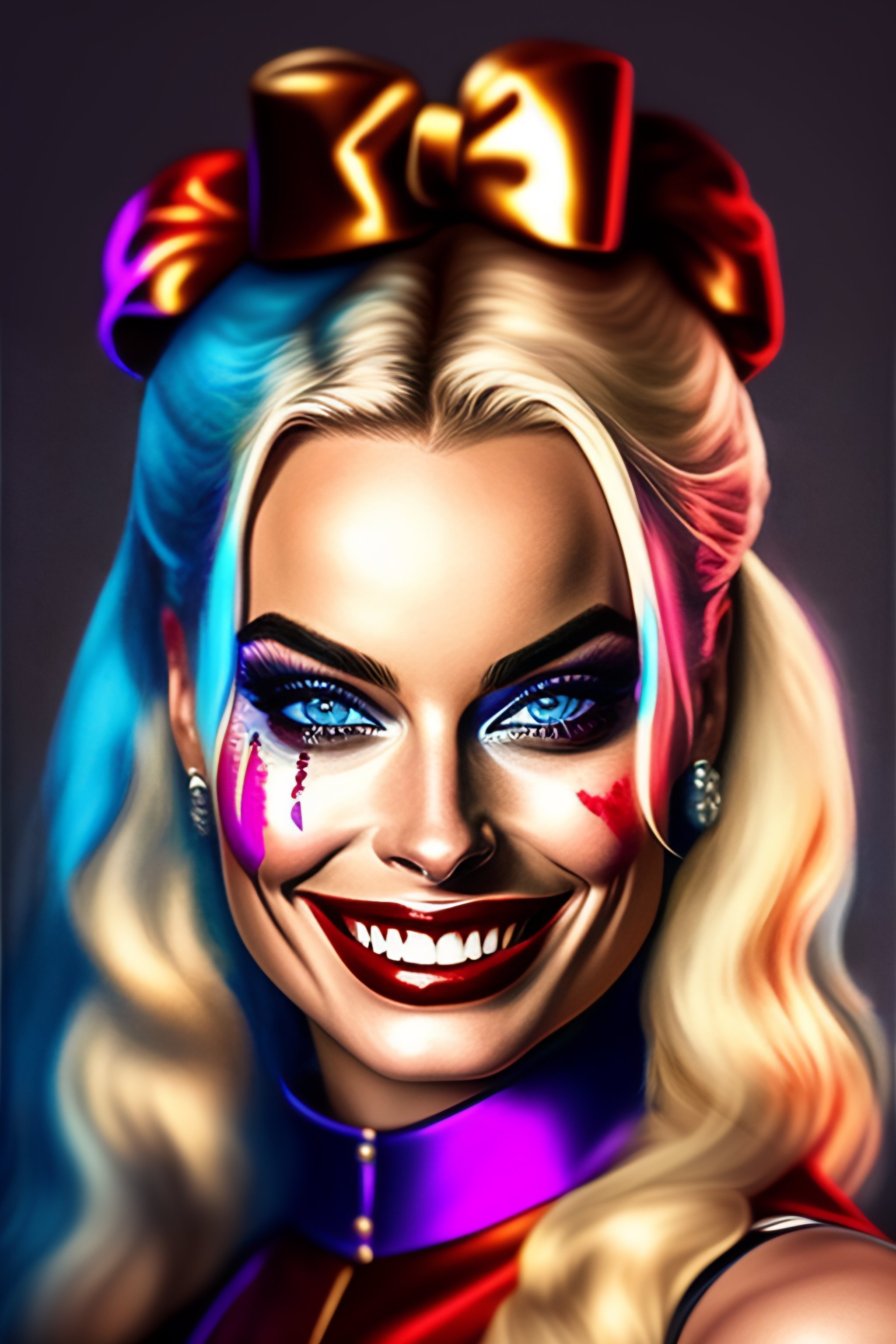Lexica - A portret with margot robbie as harley quinn smiling evil ...