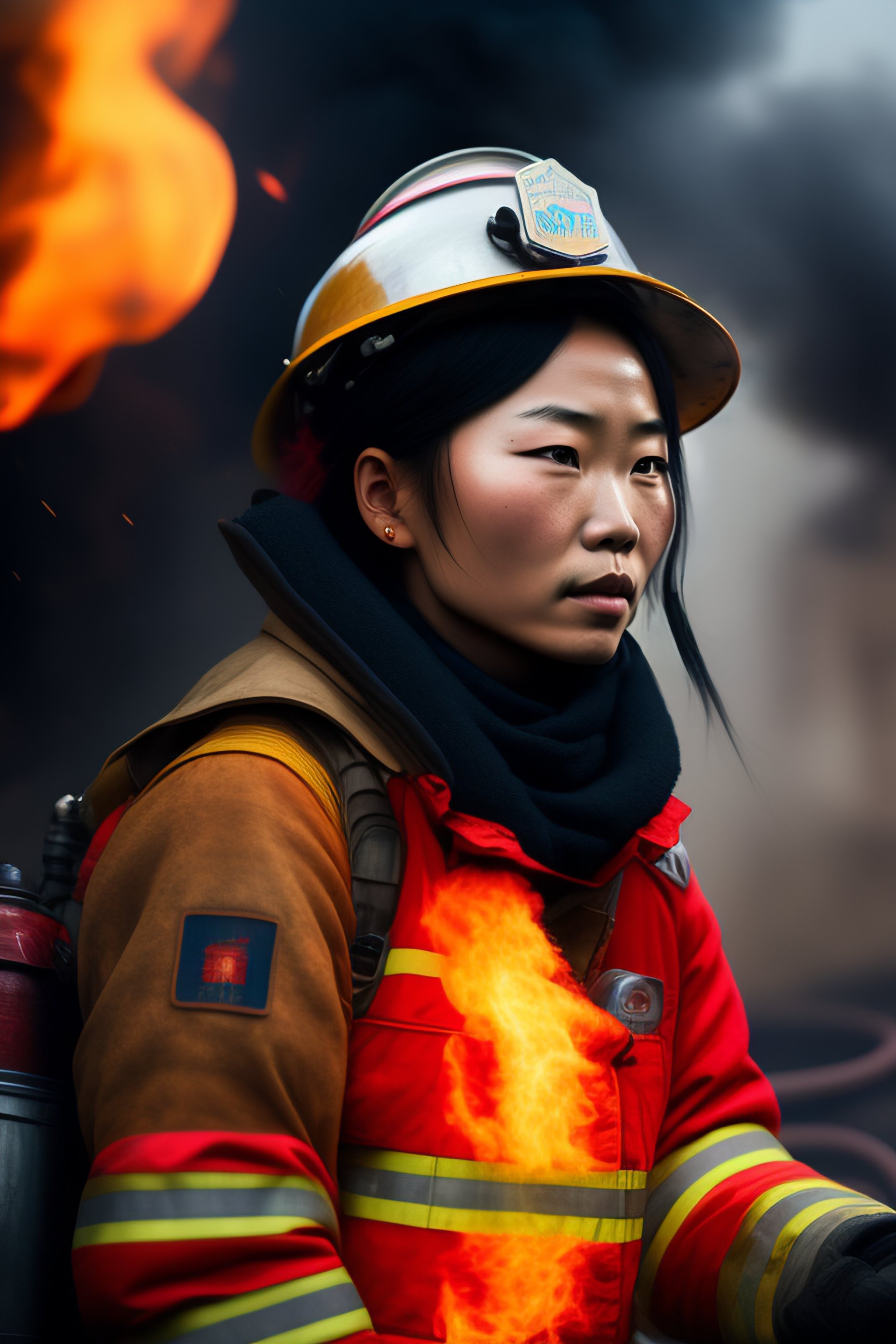 Lexica - A black chinese gipsy girl firefighter extinguising a fire in ...
