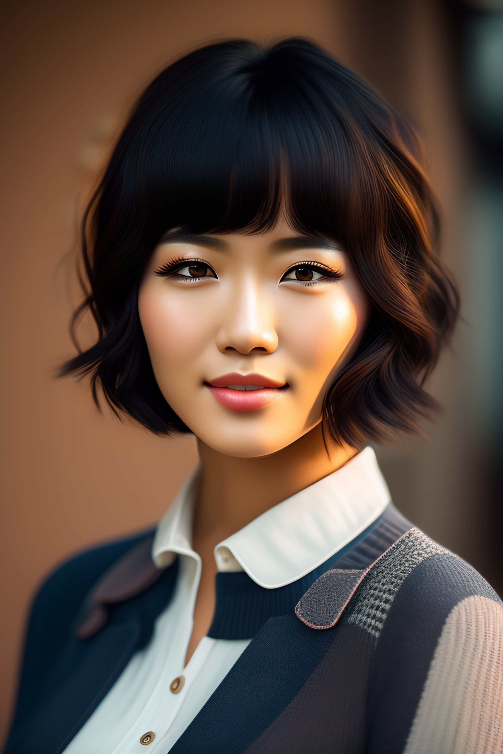 Lexica - Cute girl, with short, choppy hair and bangs, serene eyes ...