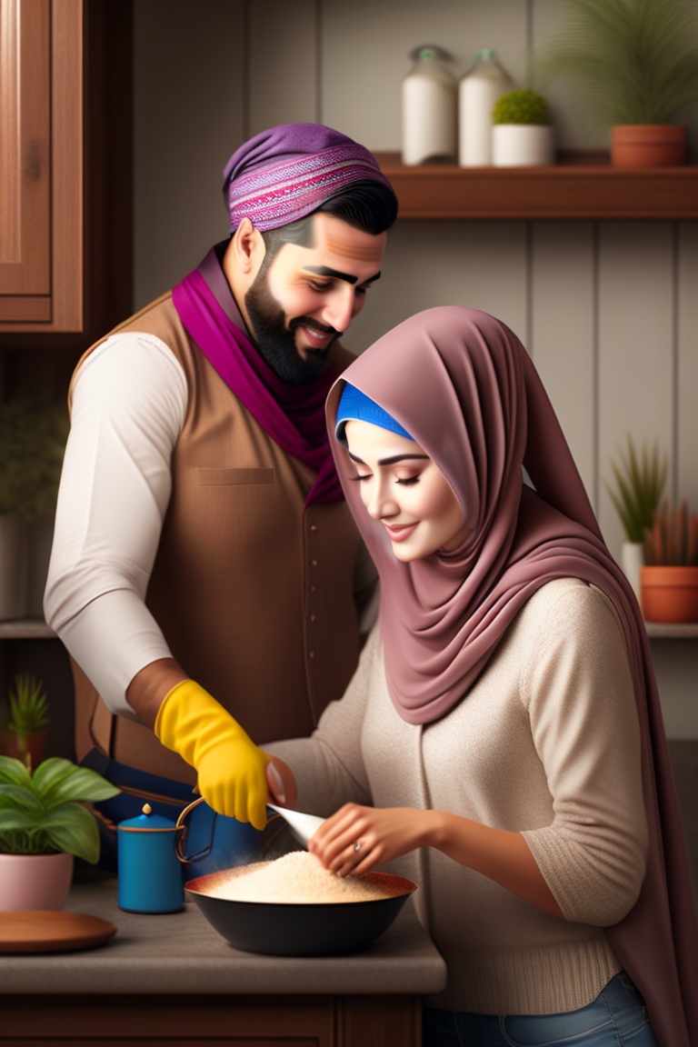 Lexica - Muslim husband helping his wife in household chores, ultra hd