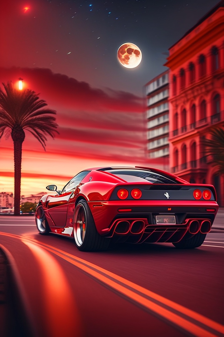 Lexica - Red ferrari moving thru the city withe flame 🔥 coming out the ...