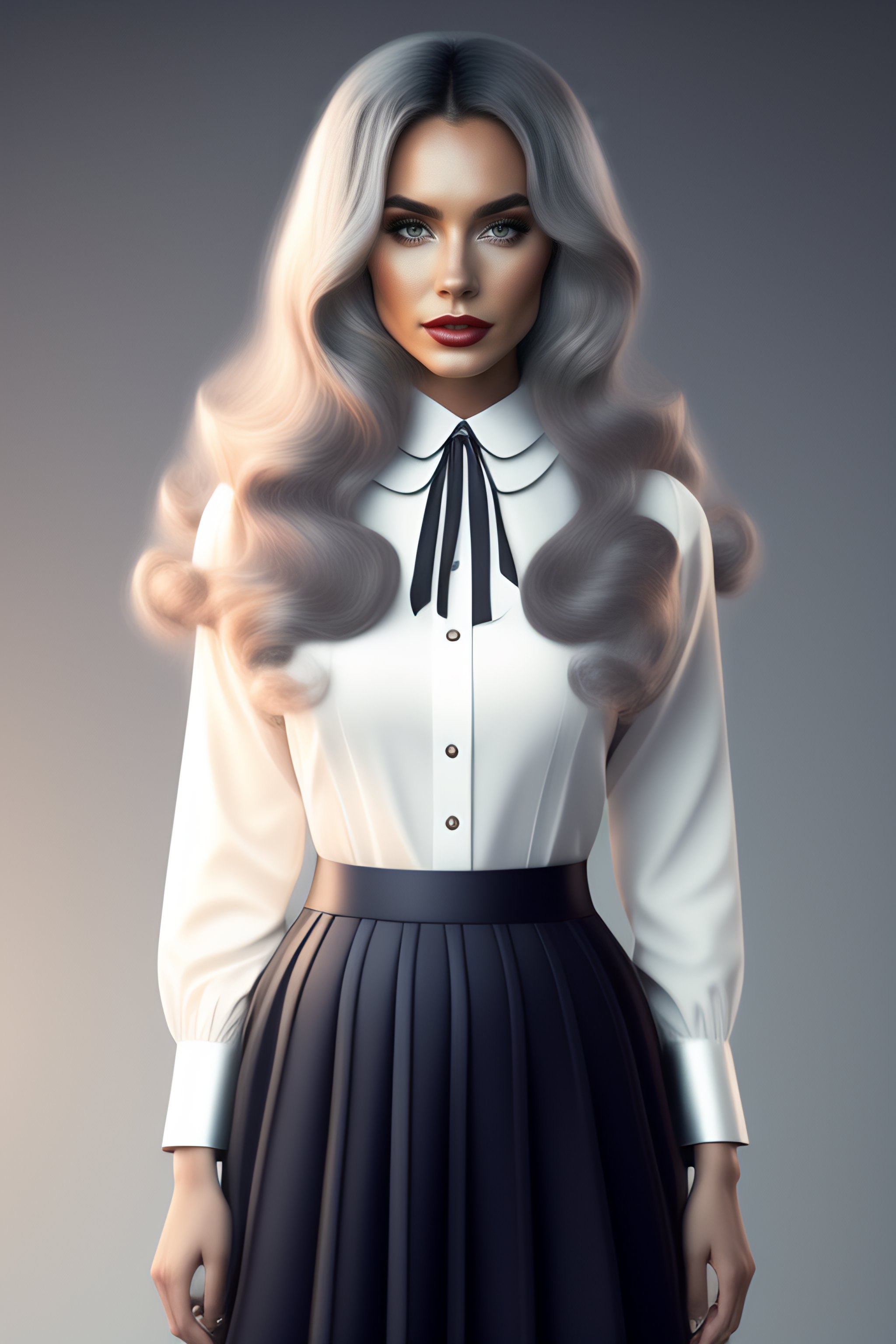 Lexica - Grey_hair, hair_between_eyes,hair_bow,hand_up,highres,legs ...