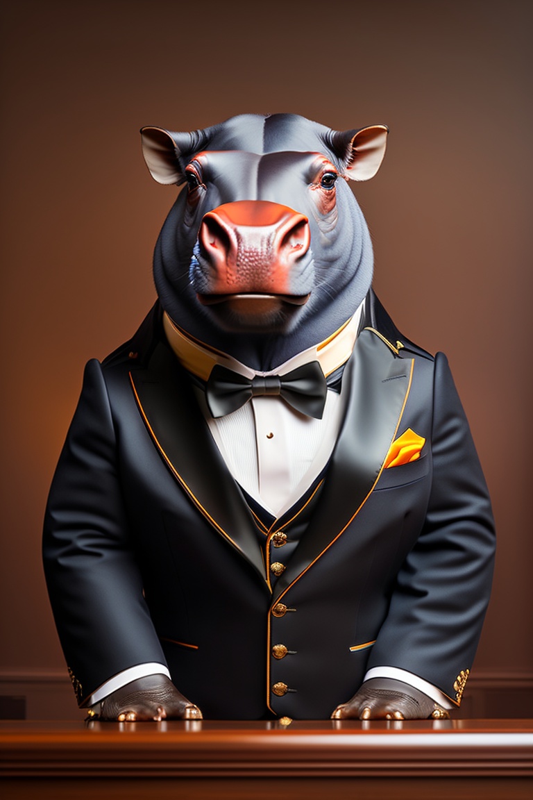 Lexica - Hippo in a tuxedo, standing in front of a desk, ultra wide photo
