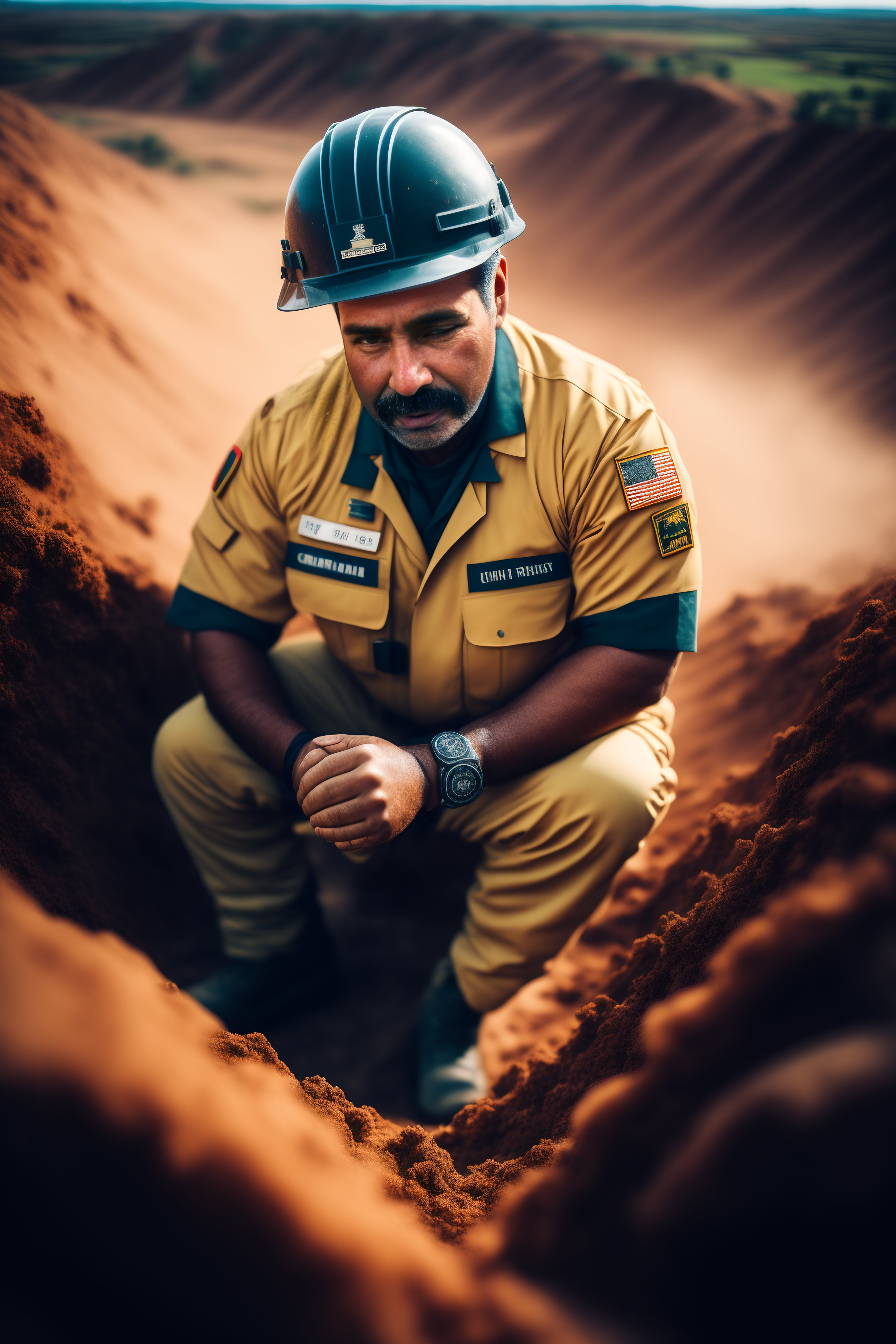 Lexica - Sitting oil rig worker in a uniform with short sleeves ...